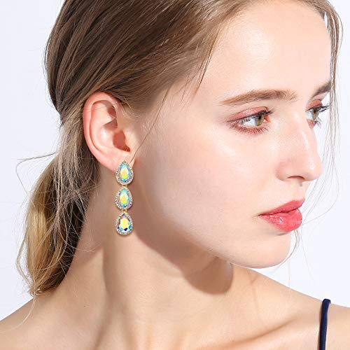EleQueen Women's Gold-tone Austrian Crystal Teardrop Pear Shape 2.4 Inch Long Clip-on Dangle Earrings Iridescent AB