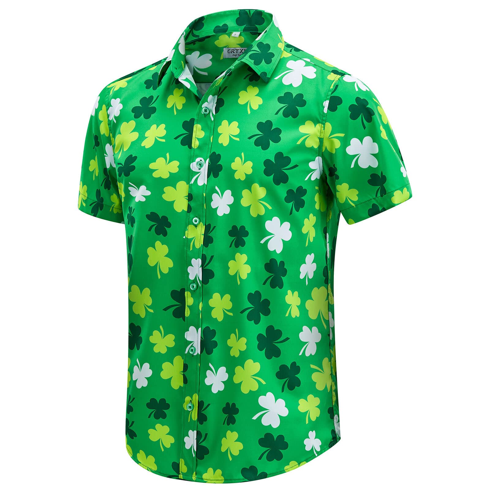 Men's St. Patrick's Day Shirt Funny Irish Flag Clover Short Sleeve Hawaiian Casual Button Down Shirt(Clover,L