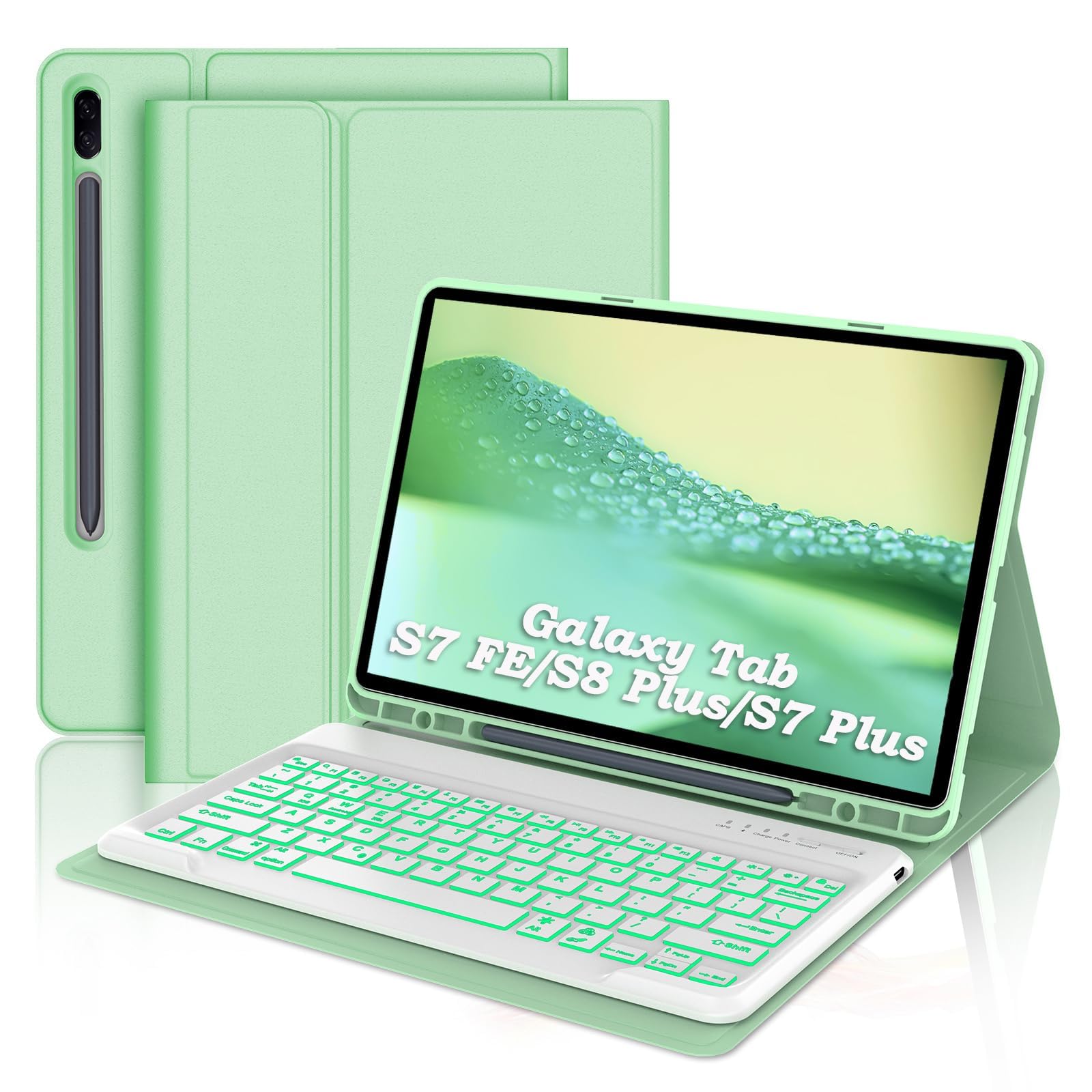 FARYODI Tablet Keyboard Case for Samsung Galaxy Tab S7 FE(5G) 2021 / S8 Plus 2022 - Light Smart Folio Protective Case with S Pen Holder/Wireless Detachable Backlit Bluetooth Keyboard, Green