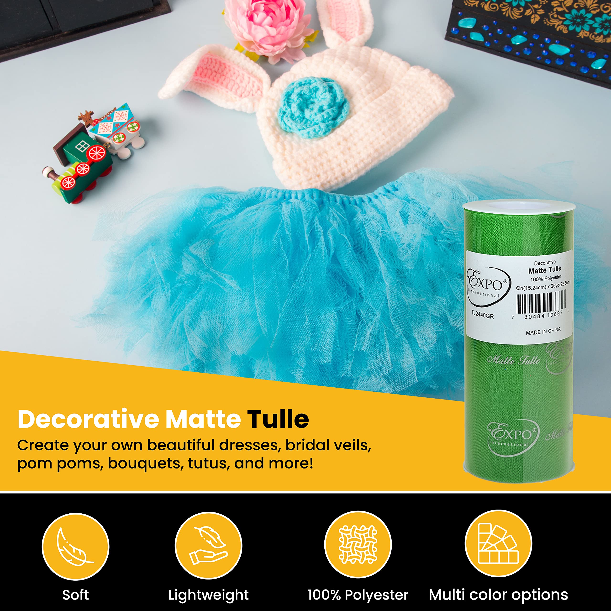 Expo International Decorative Matte Tulle, Roll/Spool of 6β X 25 Yards, Lightweight Polyester Tulle Fabric for Tutus, Costumes, and Party Decorations, Washable, Easy-to-Use, Pack of 1, Green