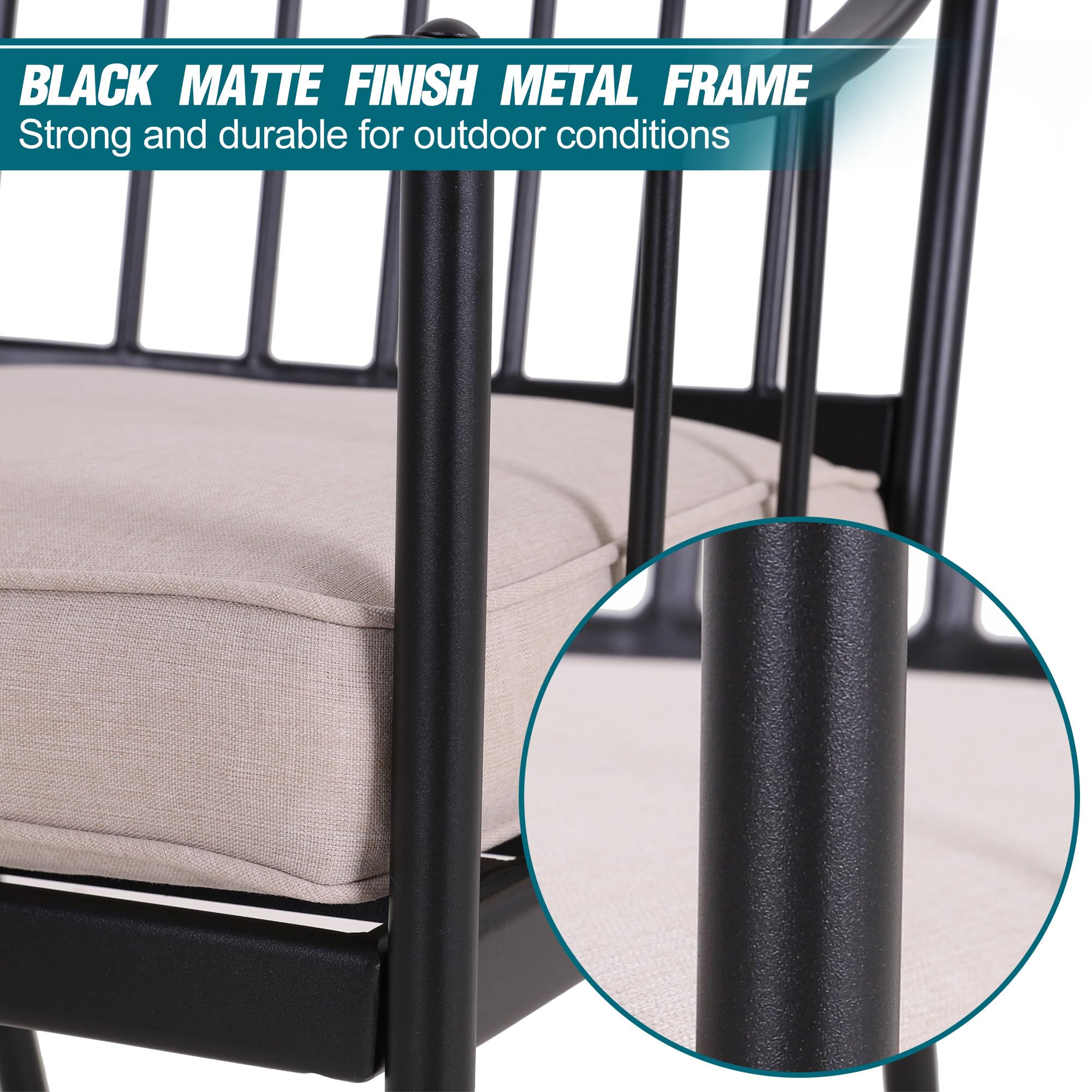 PHI VILLA Outdoor Metal Dining Chairs with Cushion, 300lbs Black Heavy Duty Weatherproof Chairs for Patio, Deck, Yard - Set of 4