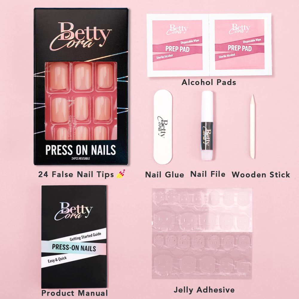Extra Short Press on Nails,BettyCora Square Round 24 PCS Fake False Nail Tips Nail Kit with Nail Glue,Nail File,Prep Pad,Brown Tan