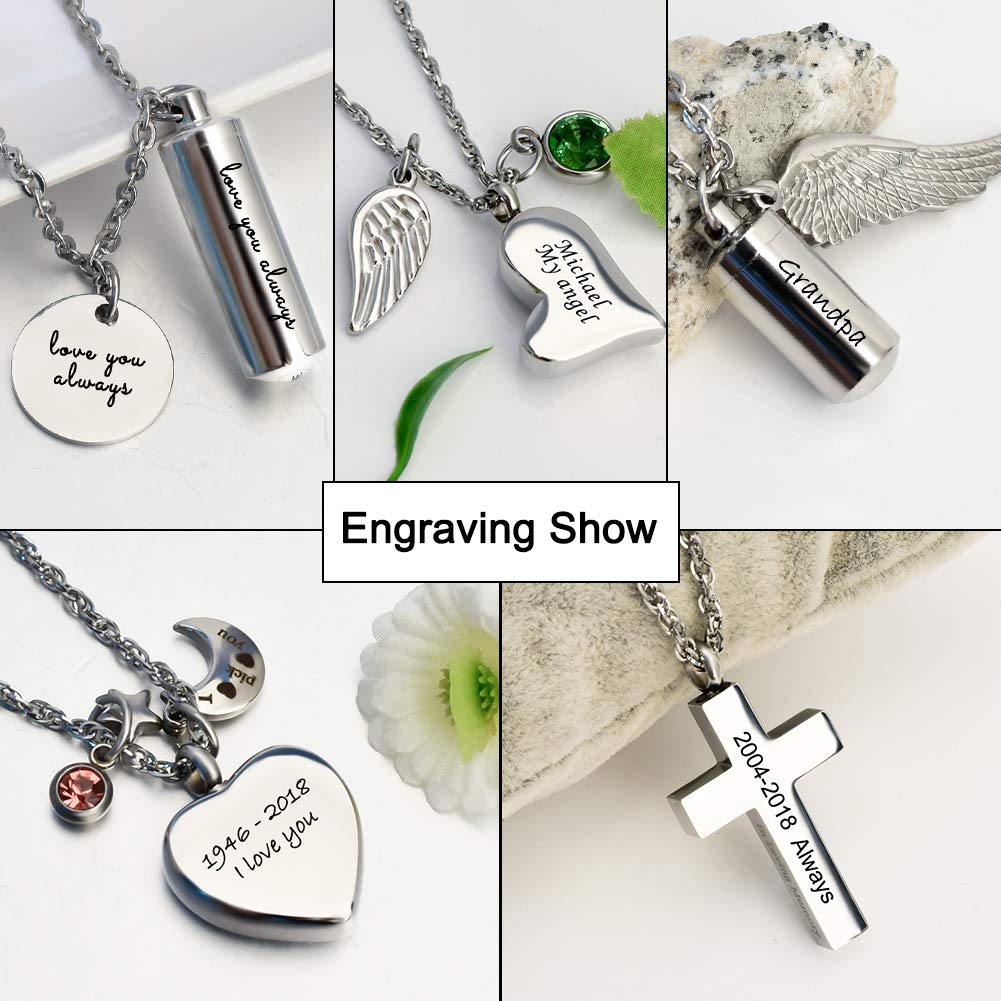 Dletay Cylinder Cremation Urn Necklace for Ashes Memorial Keepsake Pendant with Angel Wing Stainless Steel Remembrance Jewelry(Black)