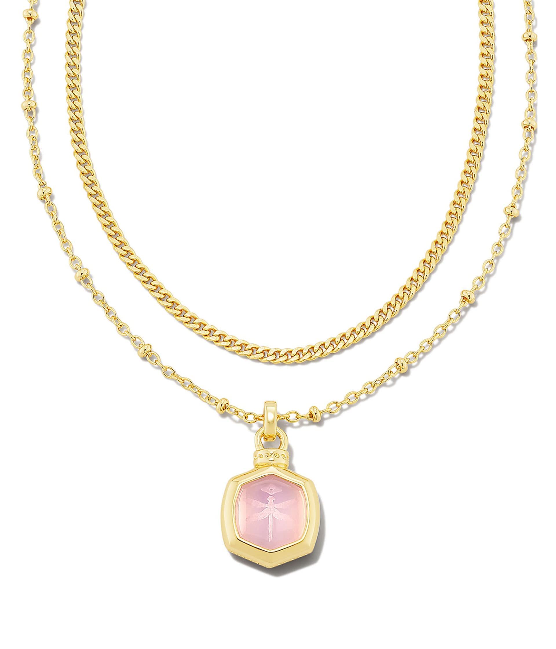Kendra Scott Davie Intaglio Multistrand Necklace Gold Pink Opalite Glass Dragonfly One Size