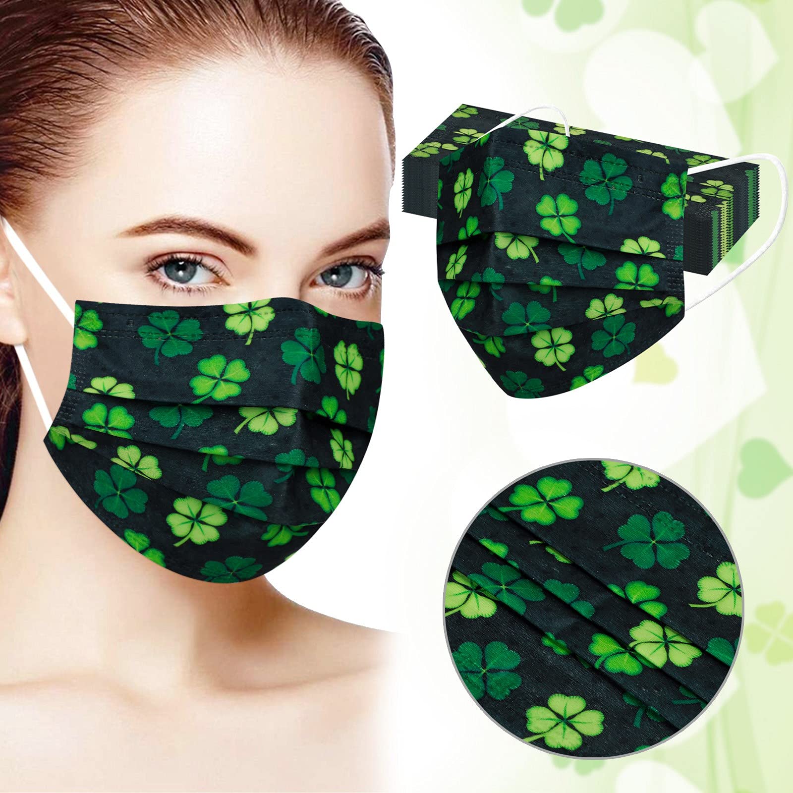 Rvikurc 50PC St.Patrick's Day Masks Disposable for Adult,3 Ply Facemasks with Green Shamrocks Gnome Designs,Holiday Facemask Outdoor