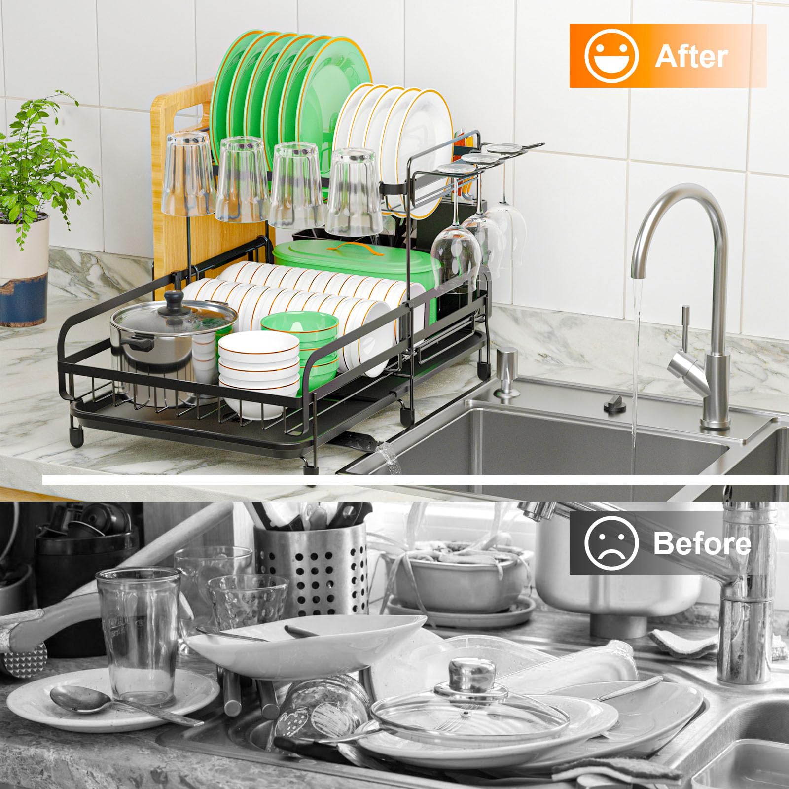 Expandable Dish Drying Rack, 2 Tier Dish Racks for Kitchen Counter Extra Large Capacity Kitchen Dish Drying Rack with Drainboard, Utensil Holder and Swivel Spout Rustproof Dish Dryer Rack, Black