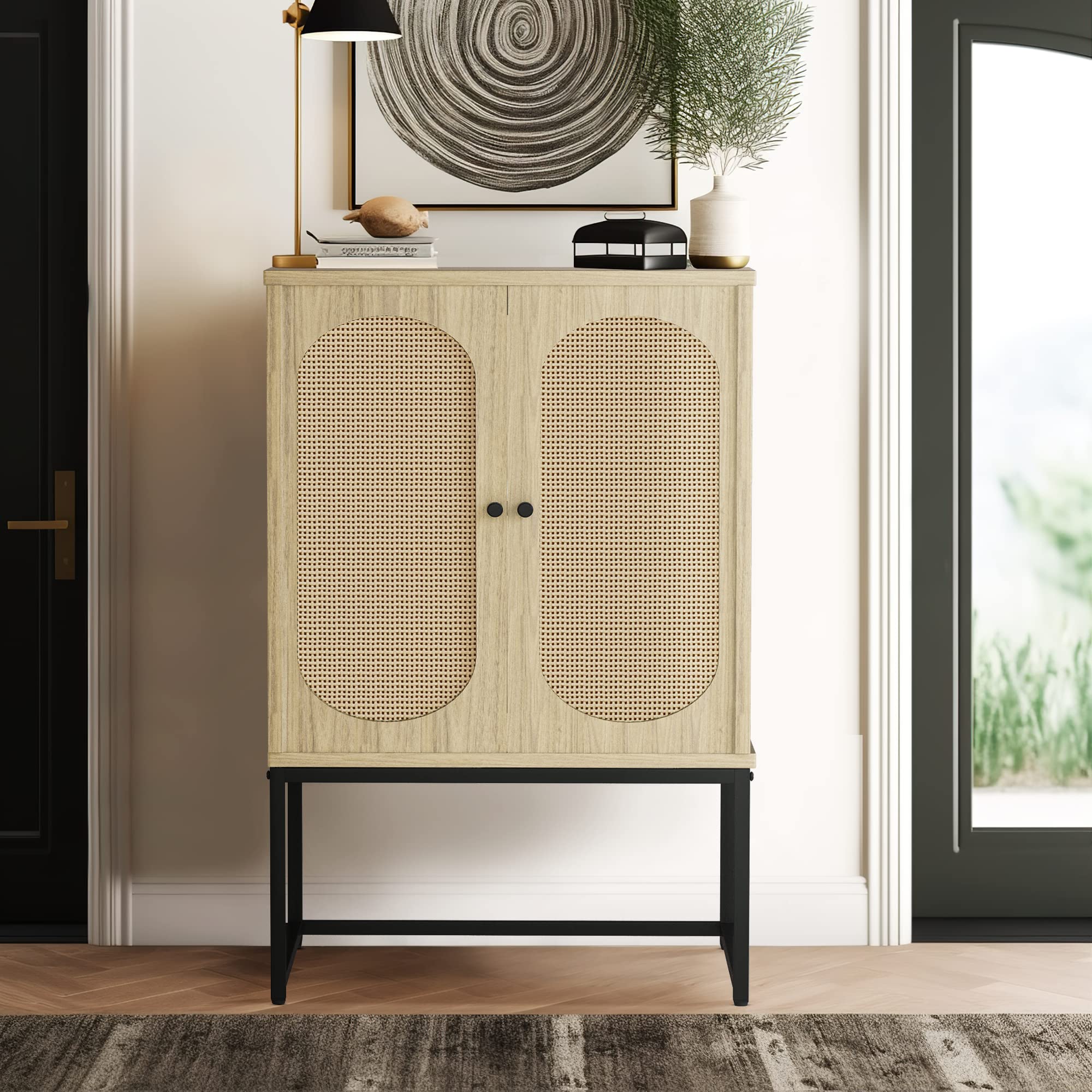 Lamerge Rattan Cabinet,2 Door Sideboard Buffet Cupboard Accent High Cabinet with Natural Rattan,Free Standing Bookmatch,Adjustable Shelves,Easy Assembly,Rustic Oak Beige (LRC-ob)