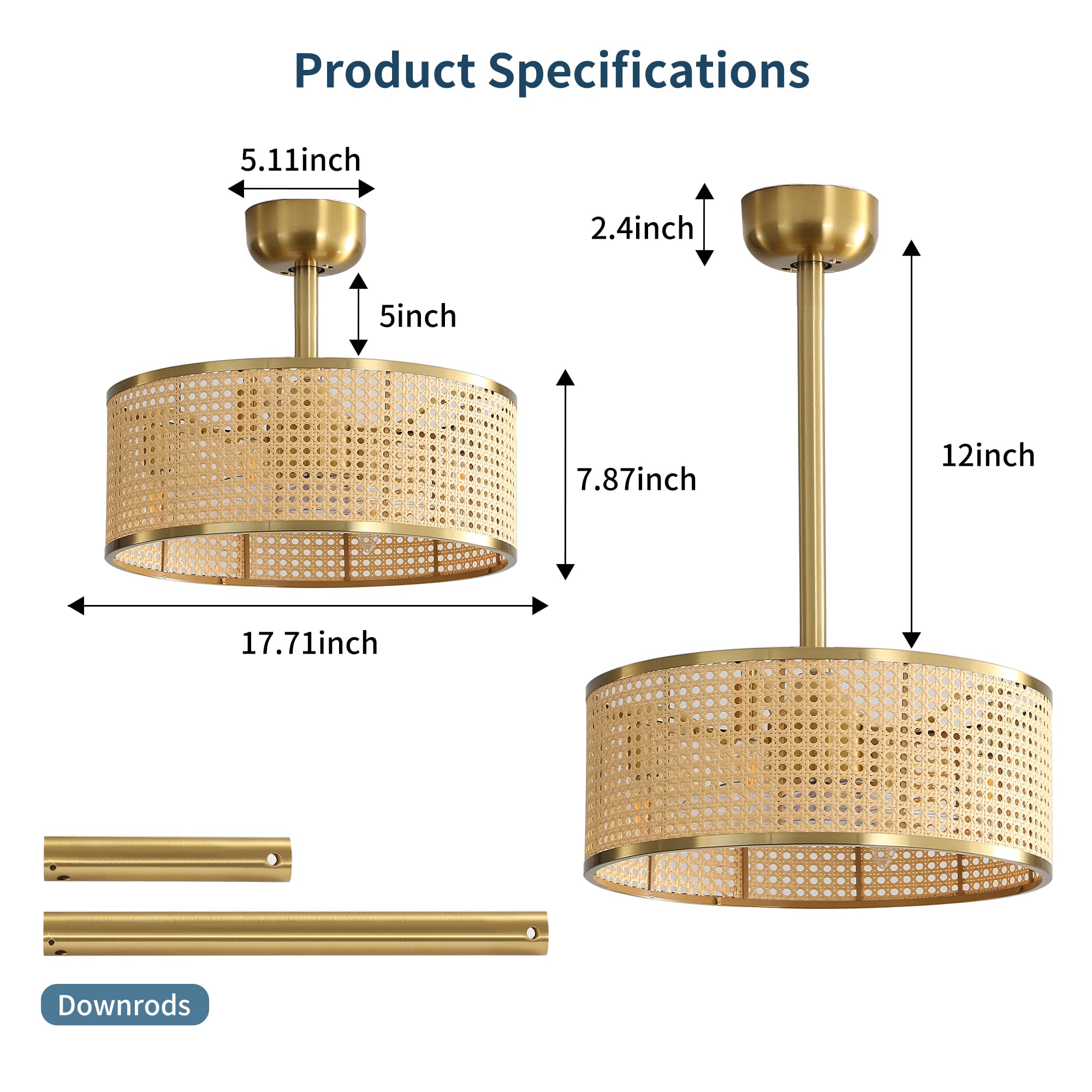 ELEHINSER Caged Ceiling Fan with Light and Remote Control, 12" Enclosed Flush Mount Rattan Ceiling Fan, Farmhouse Low Profile Ceiling Light Fixtures Fandelier Bladeless Fan for Bedroom, Kitchen