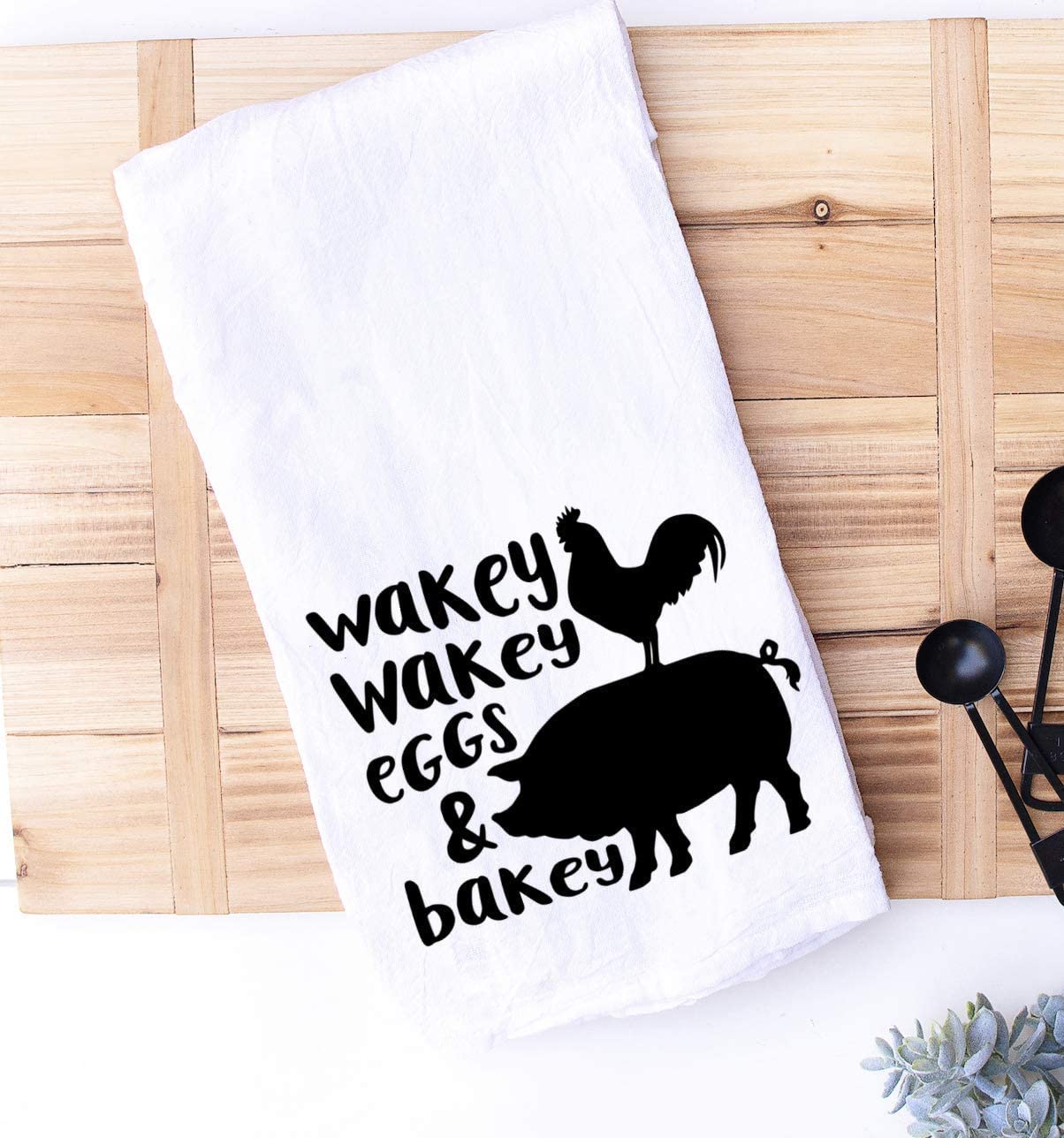 Handmade Funny Kitchen Towel - 100% Cotton Hand Towel Wakey Wakey Eggs and Bakey - 28x28 Inch Perfect for Chef Housewarming Christmas Mother’s Day Birthday Gift (Wakey Wakey Eggs and Bakey)