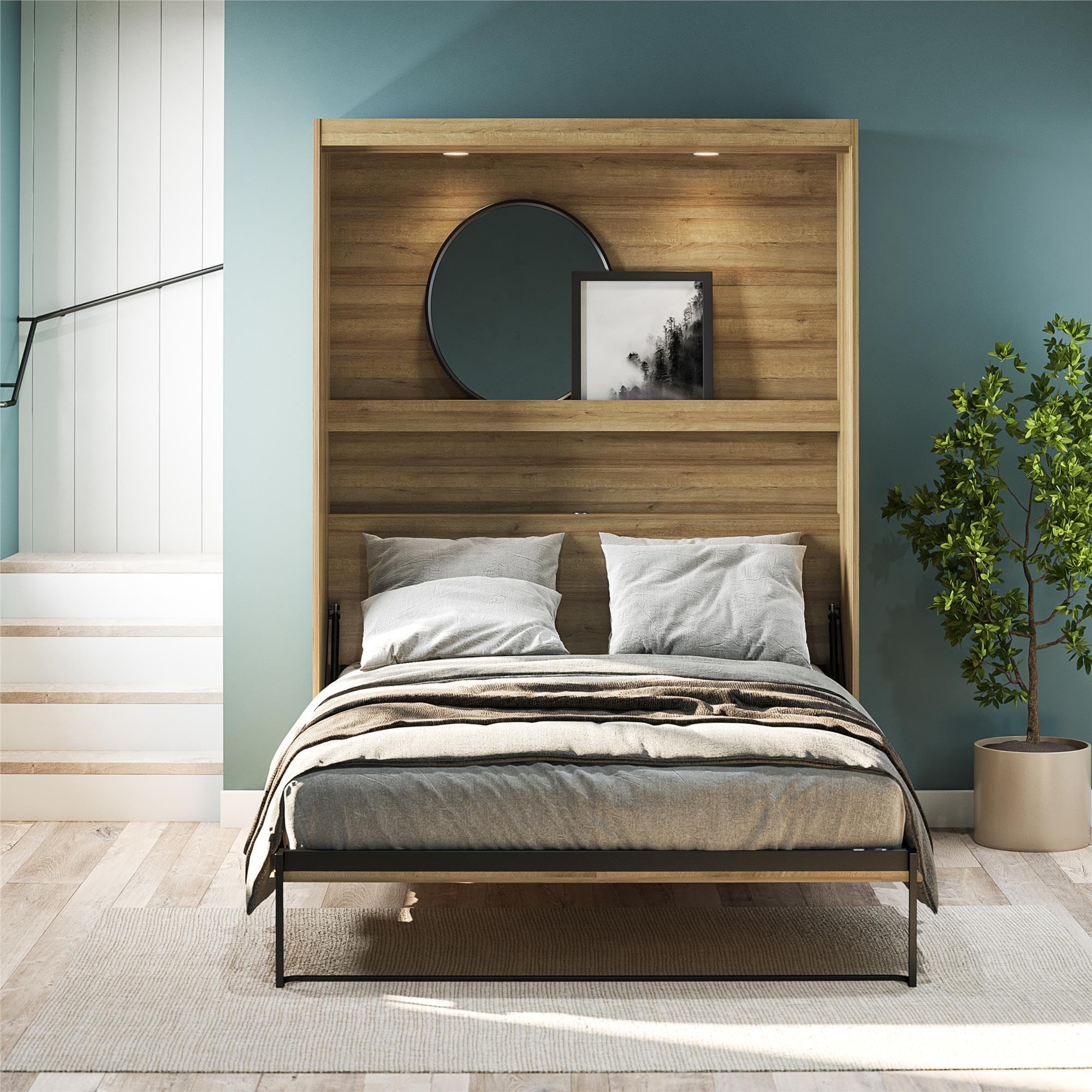 REALROOMS Radiance Queen Size Wood Fold Out Murphy Wall Bed with Gallery Shelf and Touch Sensor LED Lighting Space Saving Bedframe for Bedroom and Guest Room, White