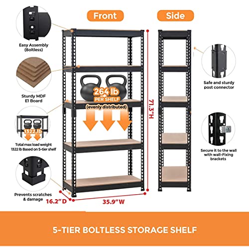 LOOMLO 5-Tier Metal Shelving Unit Adjustable Garage Storage Utility Rack , Heavy Duty Shelves Organization, Easy to Assemble, Highly Adjustable Shelf