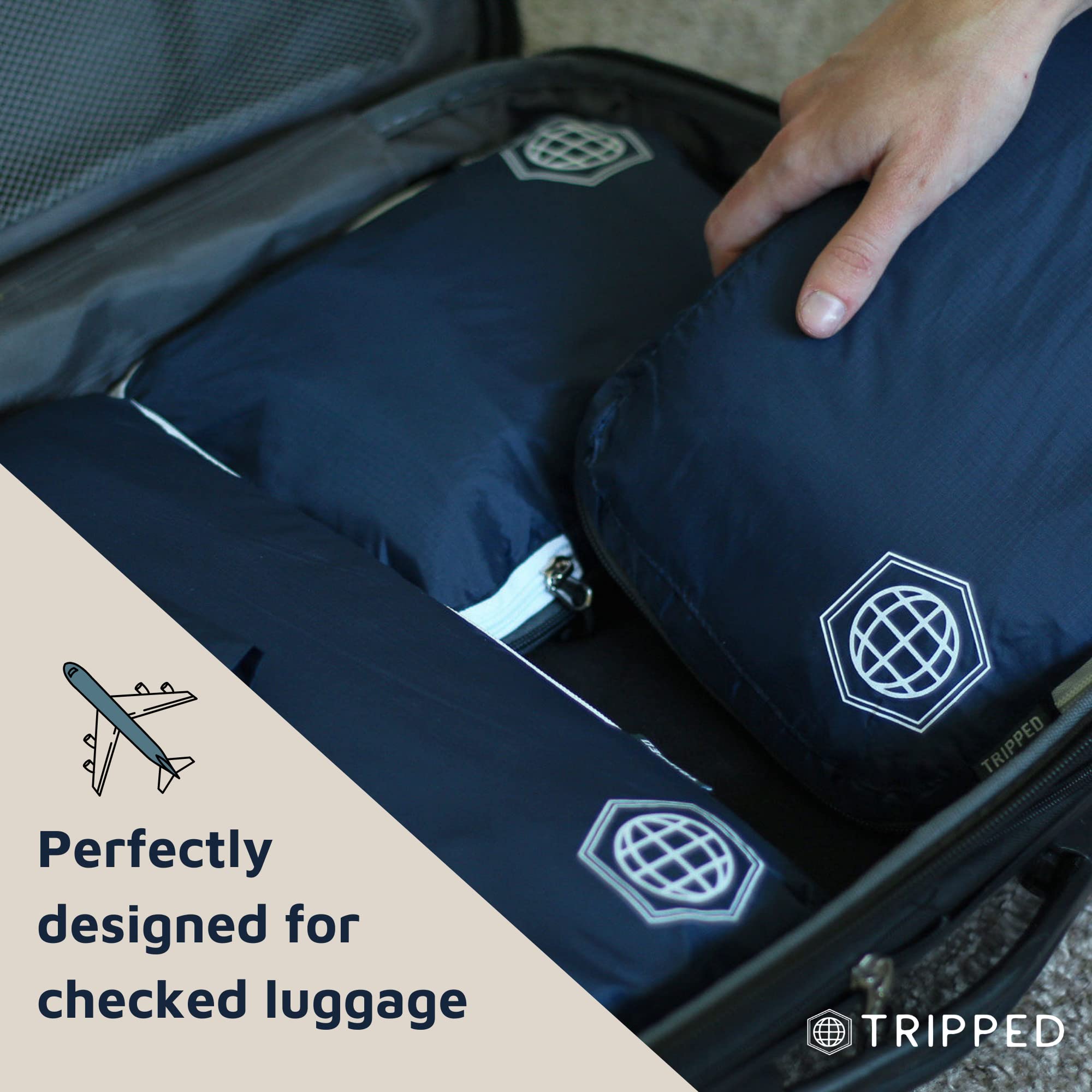 Extra Large Compression Packing Cubes for Travel Packaging Cube Luggage Organizers 7 Piece Set-Ultralight, Expandable/Compression Bags for Clothes (Navy/White))