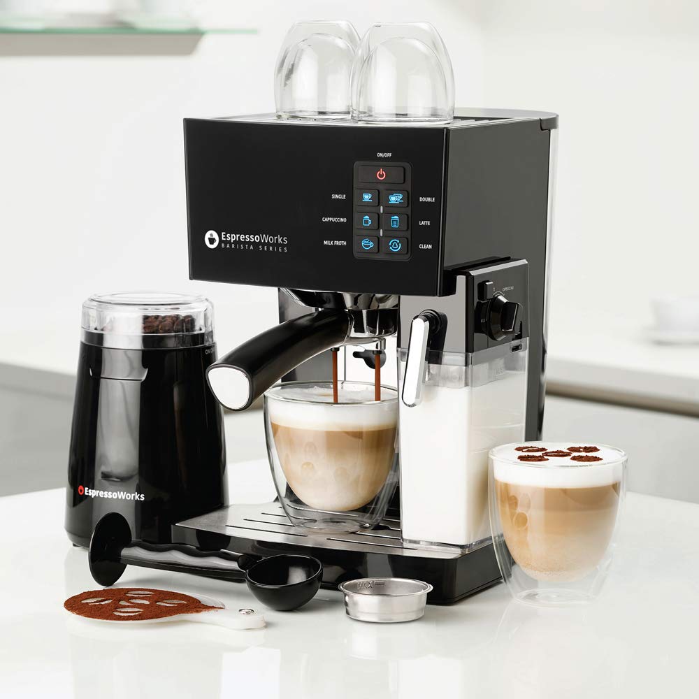 EspressoWorks All-In-One Espresso Machine with Milk Frother 7-Piece Set - Latte Maker Includes Grinder, Frothing Pitcher, Cups, Spoon and Tamper - Coffee Gifts (Stainless Steel)