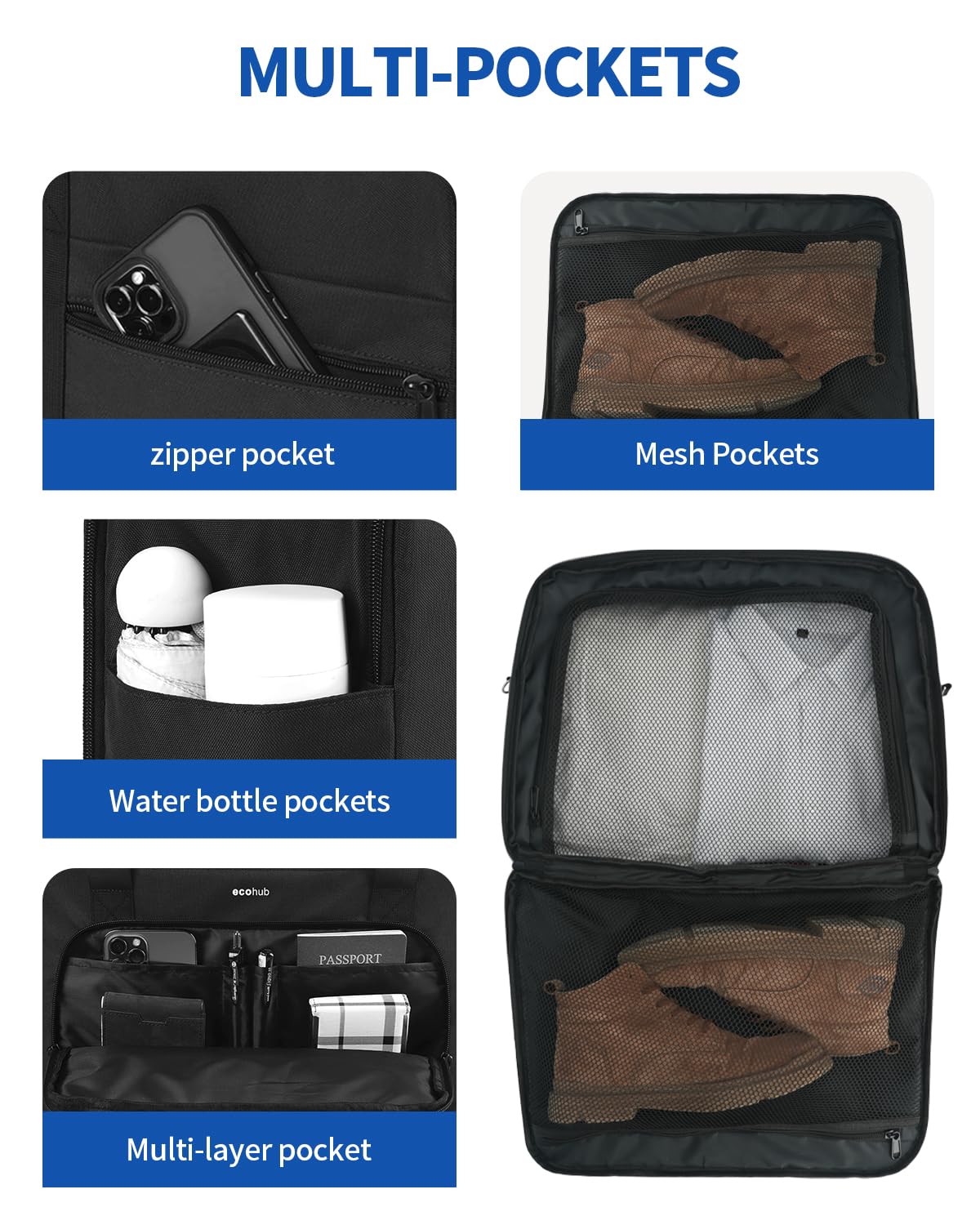 ECOHUB For Spirit Airlines Personal Item Travel Bag 18x14x8 Underseat Carry On Bag Water Resistant Duffel Bag Weekend Bag With Laptop Sleeve & Wet Pocket, Overnight for Men, 30L, Black