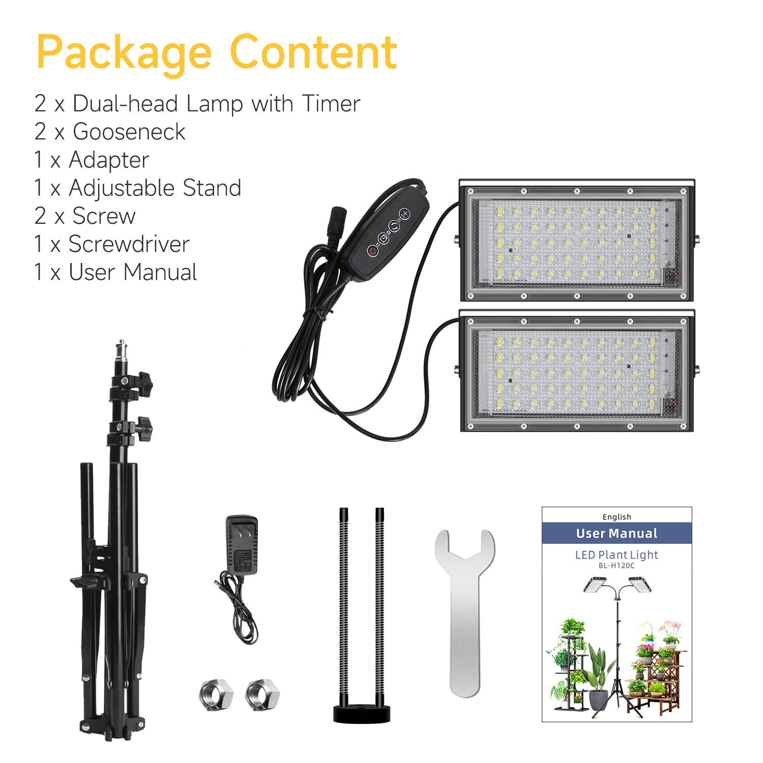 Gilouppe Grow Lights for Indoor Plants, 120 LEDs 6000K Full Spectrum Growing Lamp with Adjustable Tripod Stand 16-63", Dual Heads Plant Light for Indoor Plants with Auto On/Off Timer, 3 Switch Modes