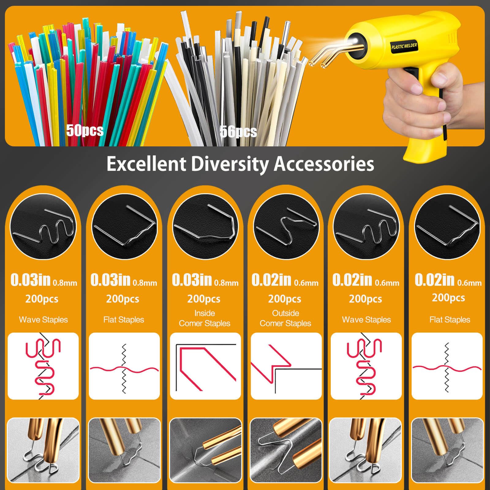 EASYWELDER Upgrade 200W Plastic Welder, 1200PCS Hot Staples&106PCS 12 Colors Welding Rods Plastic Welding Kit, 3 IN 1 Plastic Repair Kit, Plastic Welding Gun for Car Bumper/Kayak Plastic Repairs