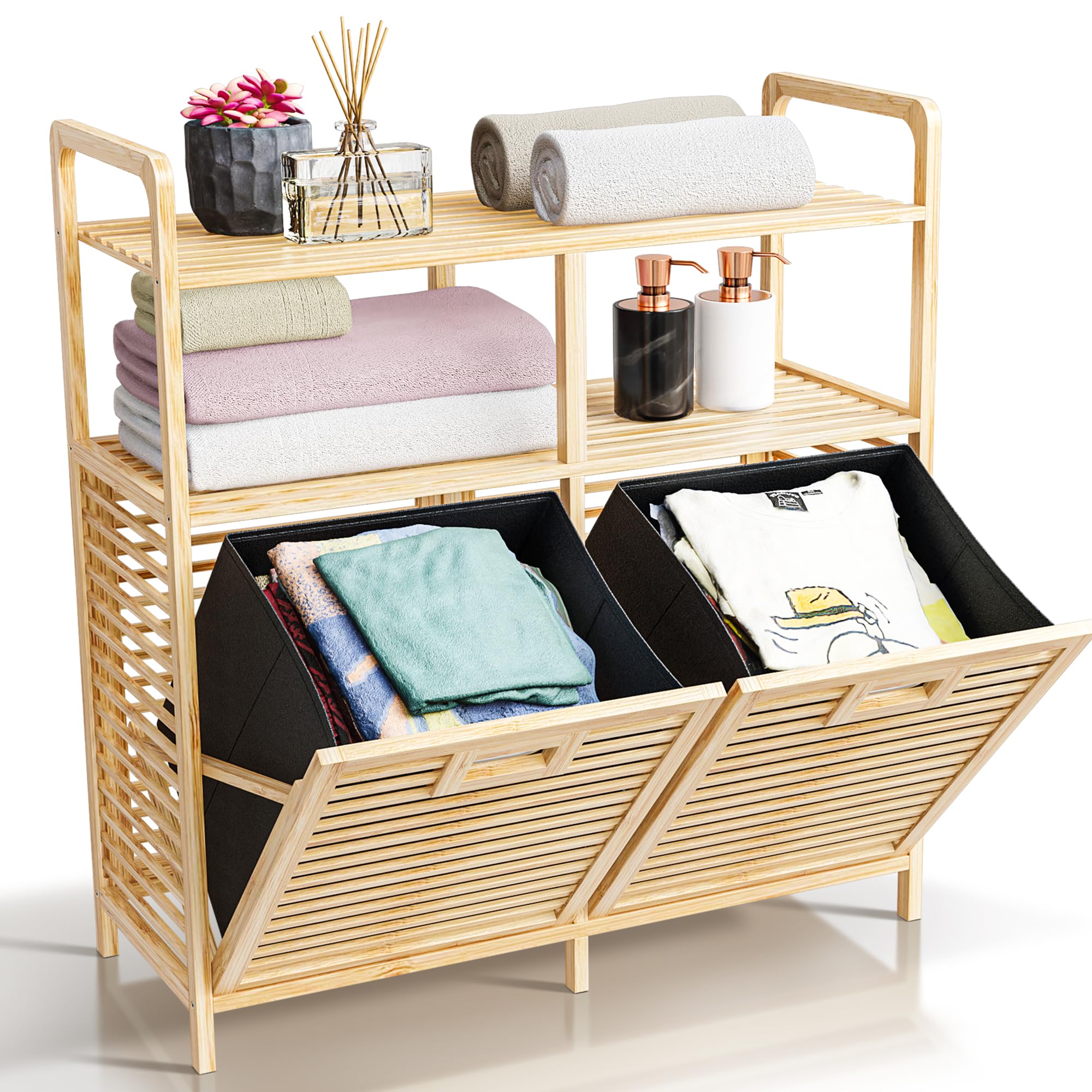 TidyHub Double Tilt Out Laundry Hamper with Shelf - Durable Bamboo Hamper with 2 Removable Laundry Liner Fabrics, Easy Grab Handle & Manual - Pull Out Laundry Hamper Cabinet for Clothes Towels Toys