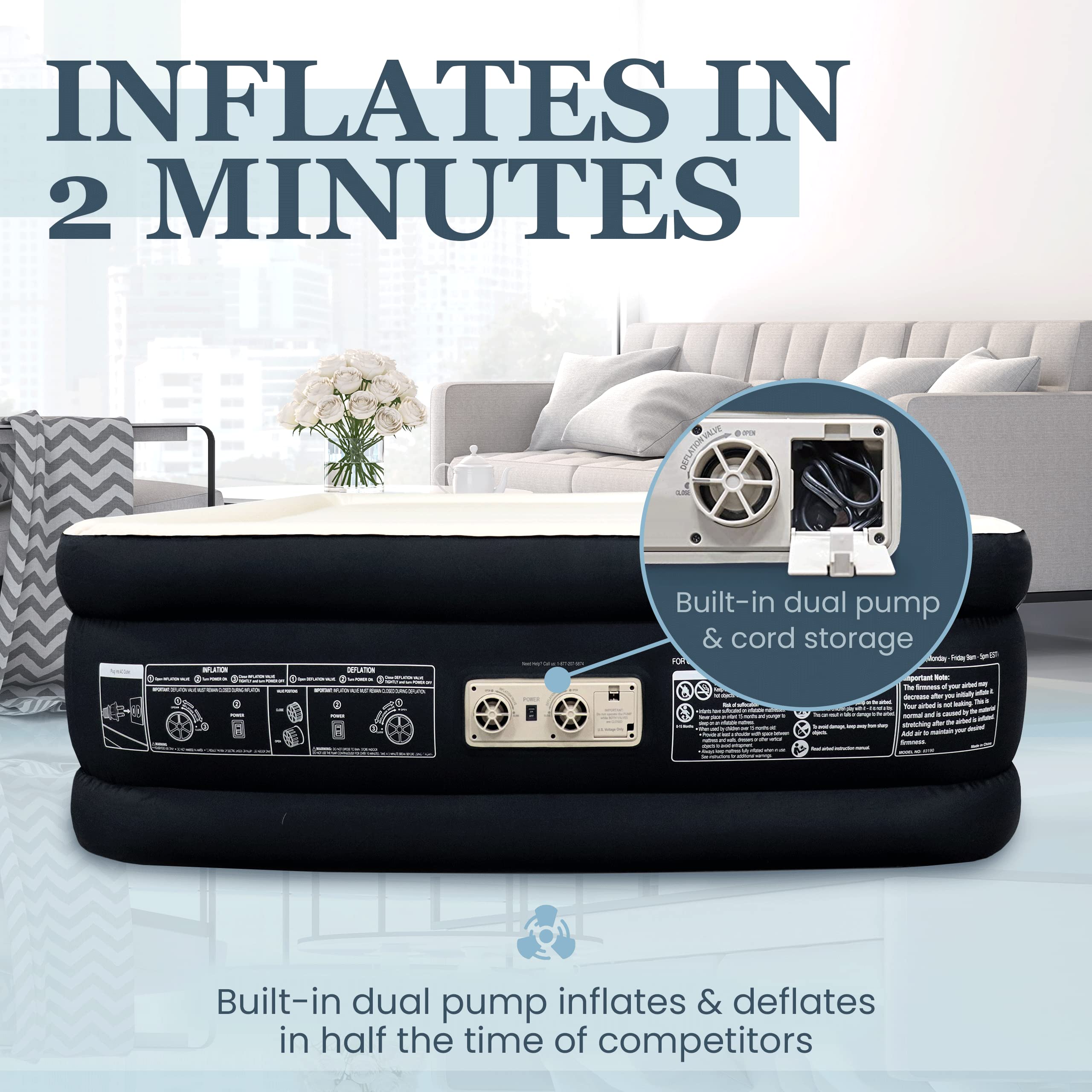 Englander Queen Air Mattress with Built in Pump Raised - Double High, 600 LB Weight Capacity - Luxury Size Camping Mattress - Blow Up Floor Bed for Home - Microfiber, Waterproof Airbed with Patch Kit