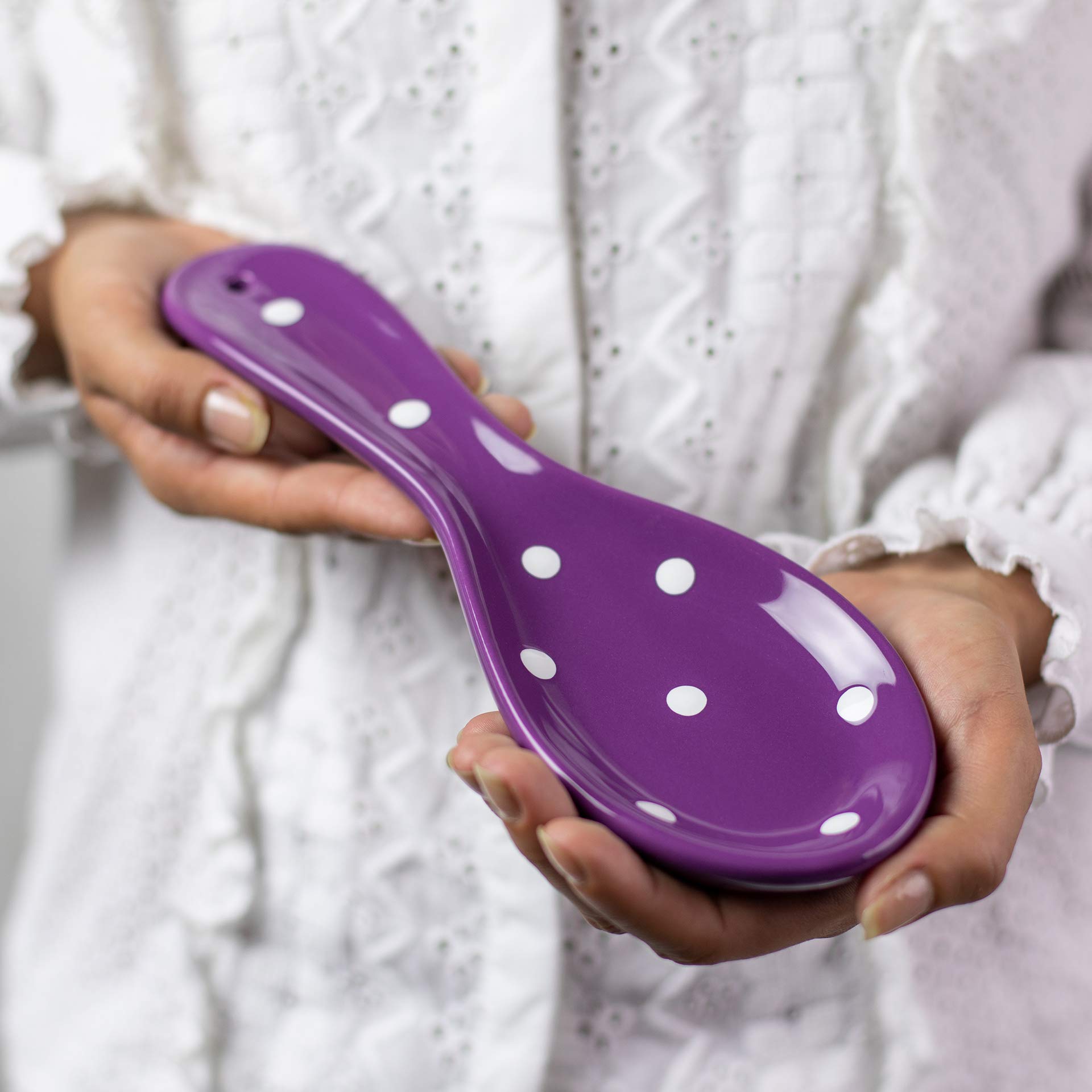 Handmade Purple and White Polka Dot Ceramic Kitchen Cooking Spoon Rest | Pottery Utensil Holder | Housewarming Gift by City to CottageĀ®