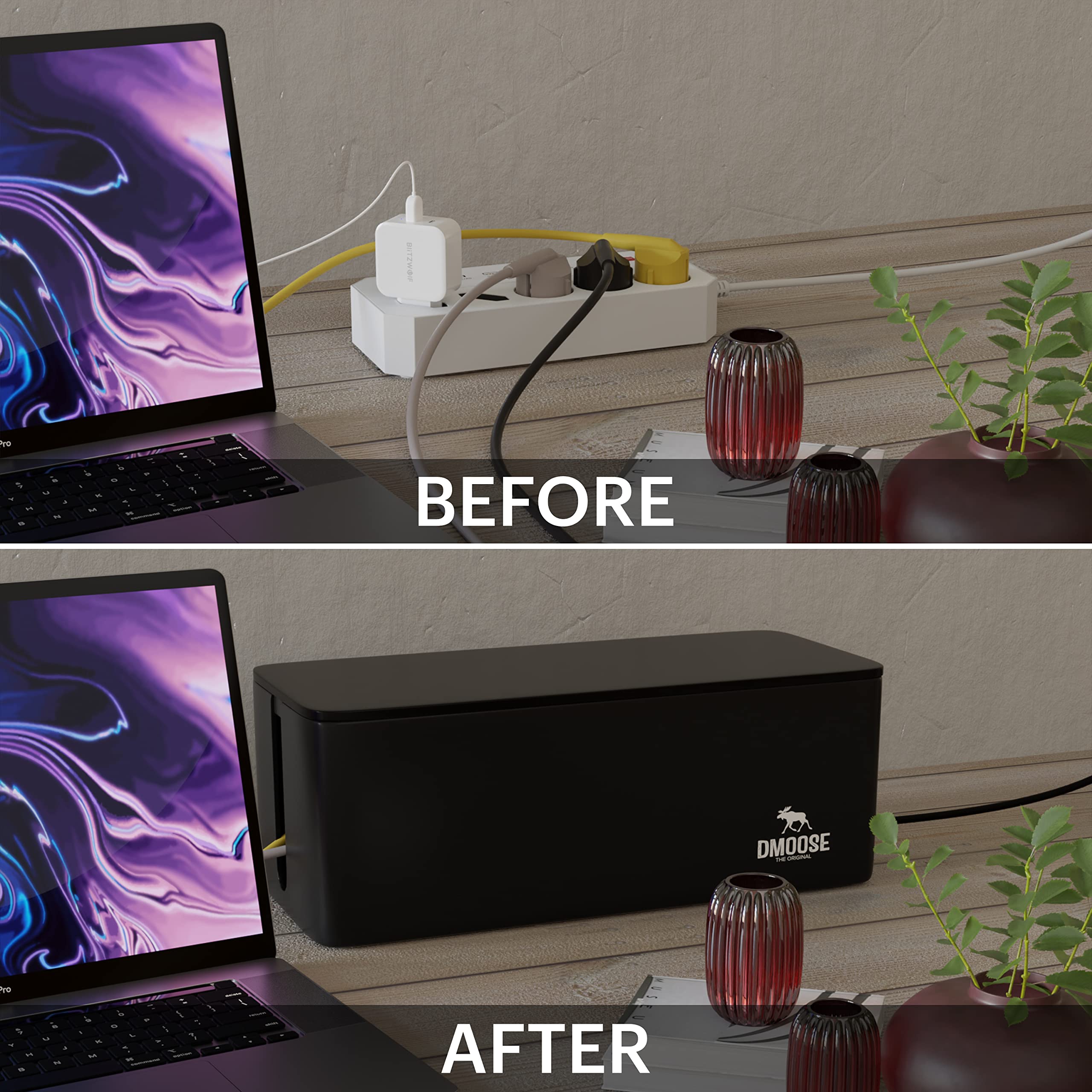DMoose Large Cable Management Box - Cord Organizer Box to Hide Power Strips - Cable Organizer Box for Surge Protector - Safe ABS Material - 15.7" (L) x 6.1" (W) 5.3" (H) - XL (Flat Top)