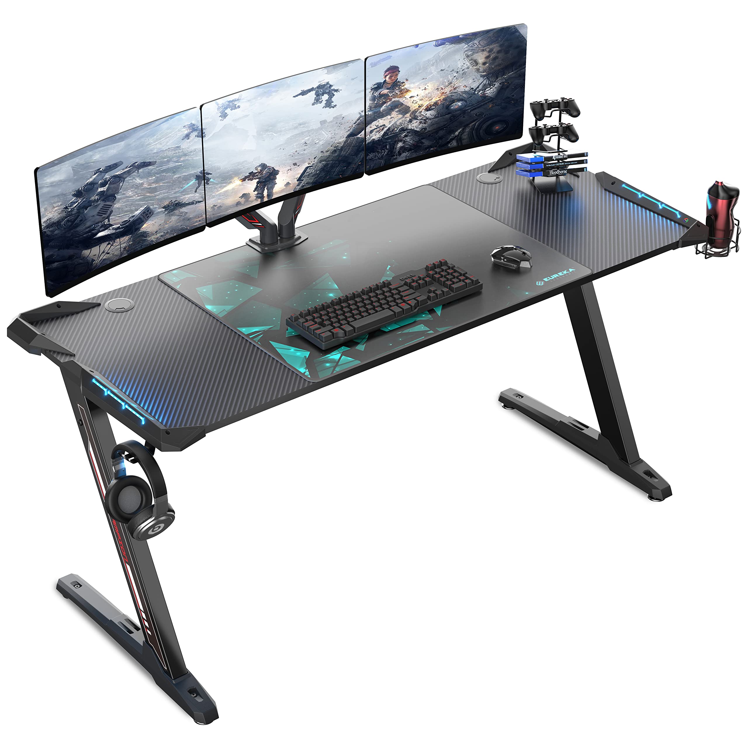 EUREKA ERGONOMIC Z Shaped Gaming Desk with Typhon Gaming Chair Red 60 Inch Gaming Desk,Large Home Office Desk for Computer Home Office