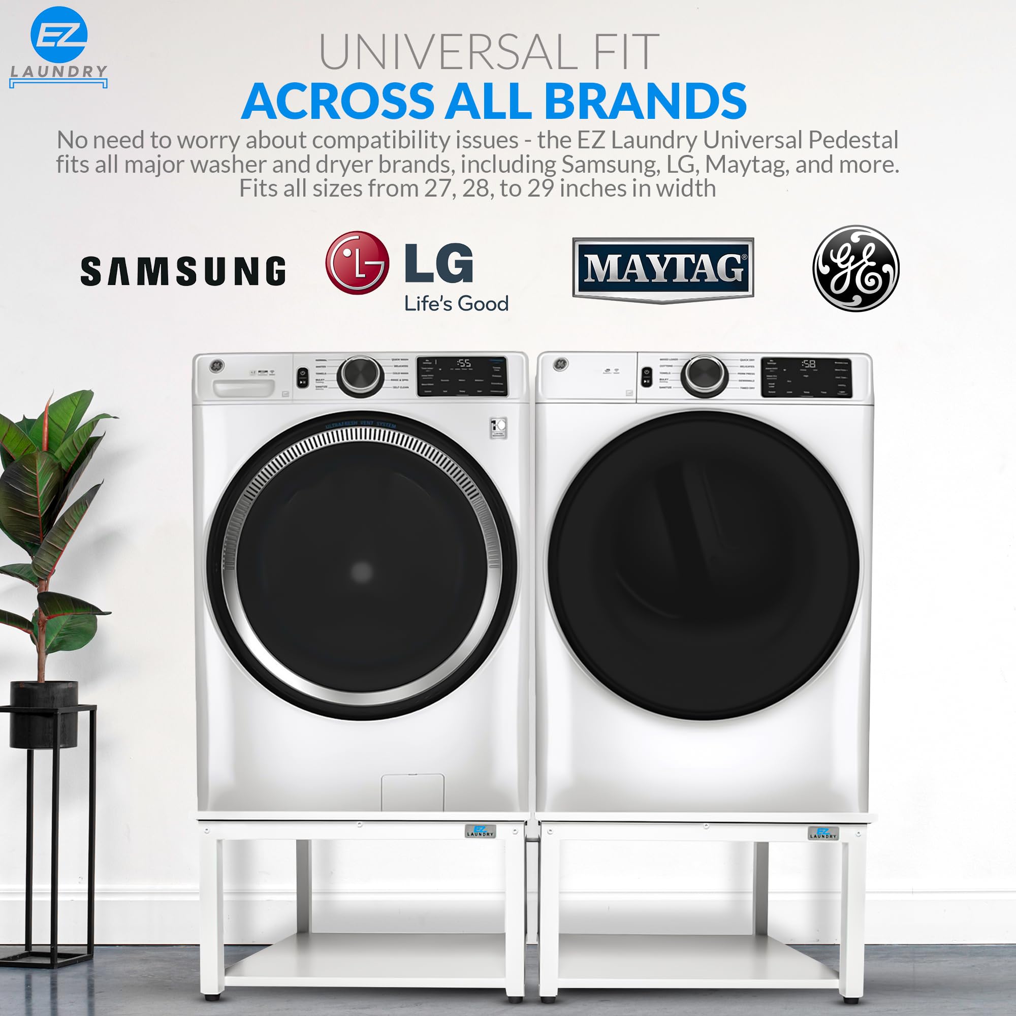 EZ Laundry | Upgraded 29β Universal Laundry Pedestal β 700lbs Capacity, Raises 16β with Built-in Drain Pan + Hose, Adjustable Feet, Anti-Vibration, Steel & Storage Shelf for Washer & Dryer (White)