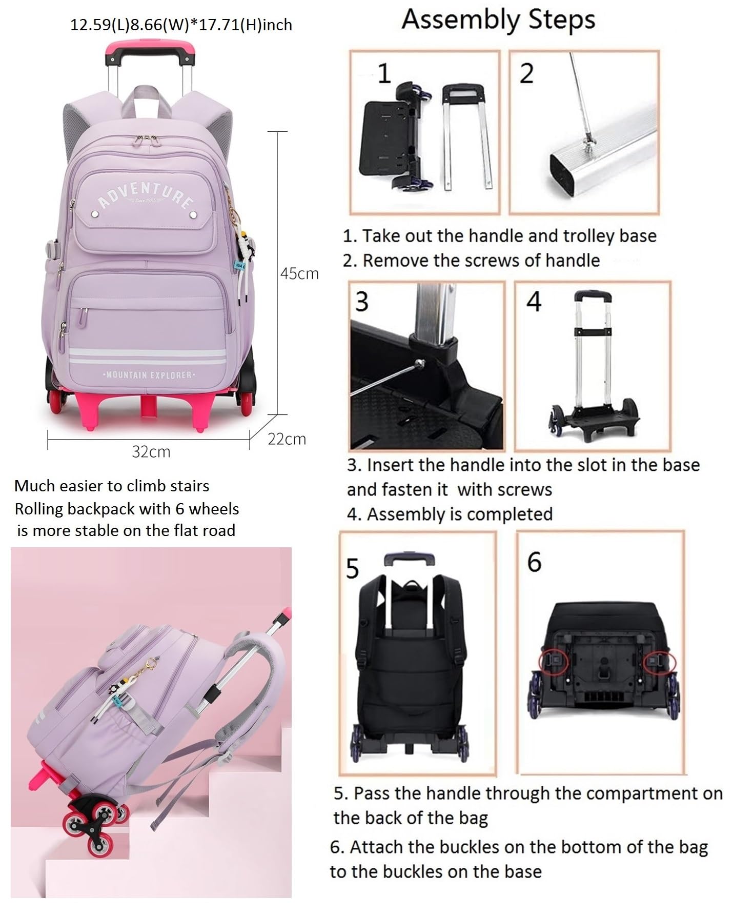 ETAISHOW Rolling Backpack for Girls Wheeled Bag Kids Trolley School Bag Roller Bookbag with Wheels Water-Resistant
