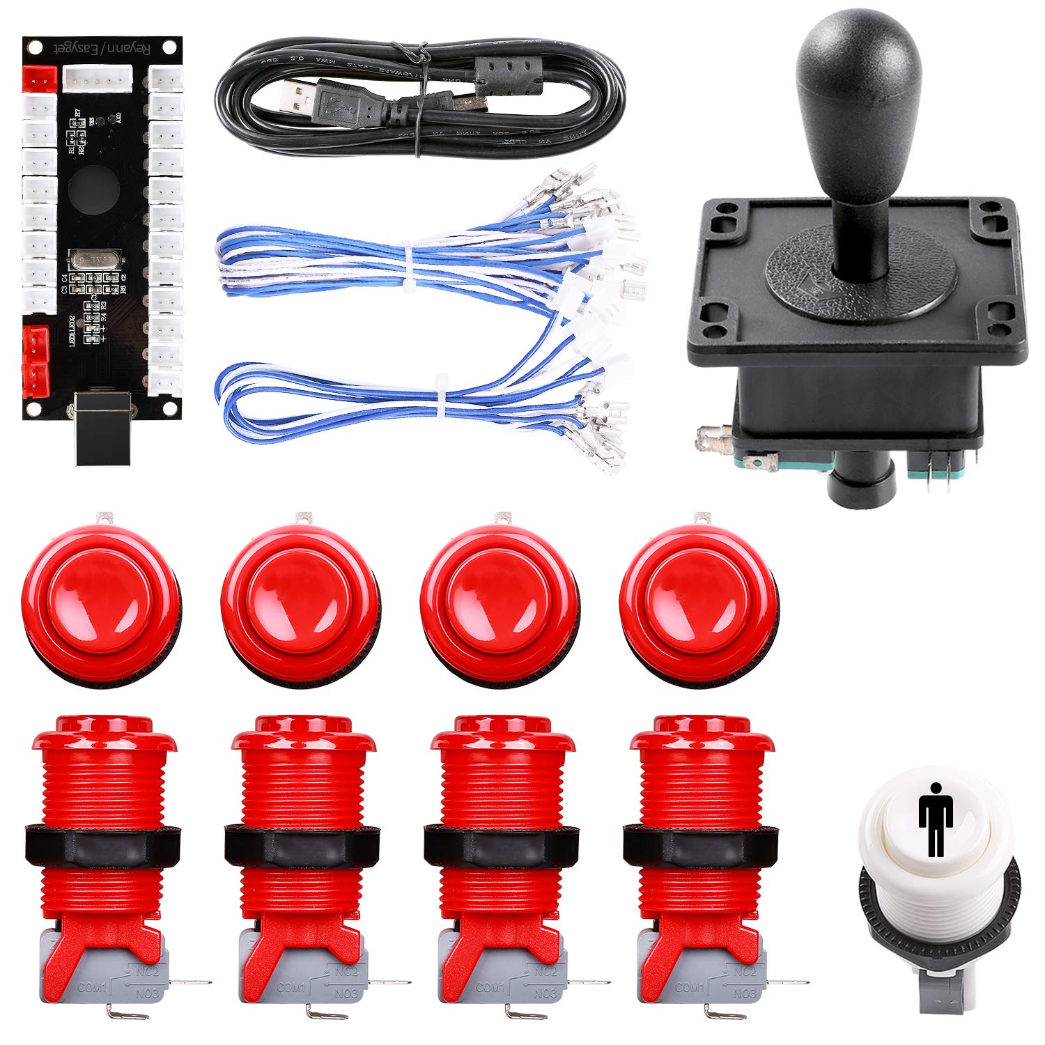 Easyget Classic Arcade Game DIY Parts for Mame USB Cabinet 2X Zero Delay USB Encoder + 2X 8 Way Classic Arcade Joystick + 18x Happ Style Push Button Blue + Red Color Kits