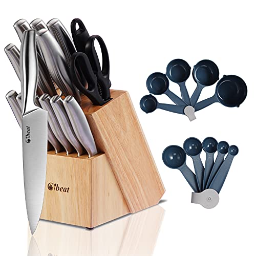 Fashionwu Knife Set, 17 Pcs Kitchen Knife Set with Block, Razor-Sharp, With knife sharpener, High Carbon German Stainless Steel Knife
