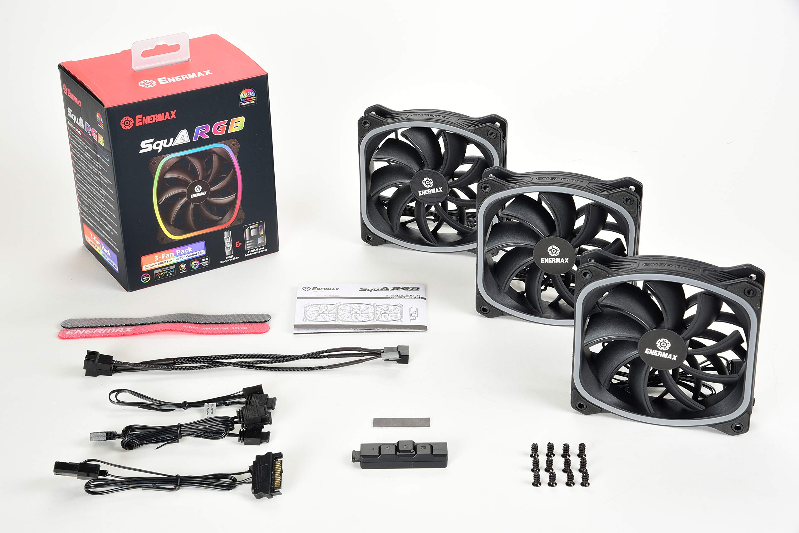 Enermax Squa RGB PWM 120mm Case Fan, Addressable RGB Sync Via Motherboard/Control Box, 3 Fan Pack- Black; UCSQARGB12P-BP3