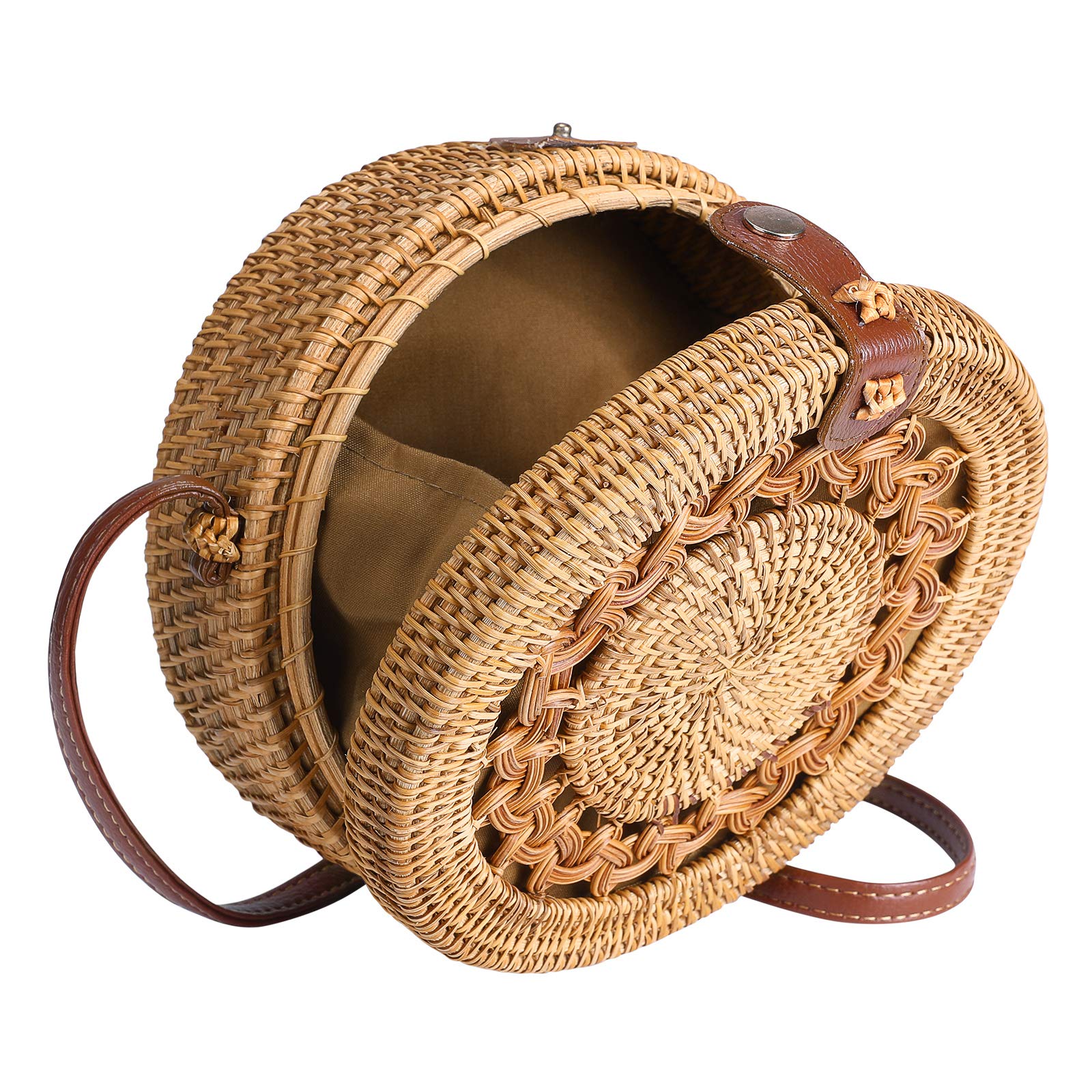 ENMAIN Round Rattan Bag for Women Straw Bag Handwoven Beach Bohemian Shoulder Purse