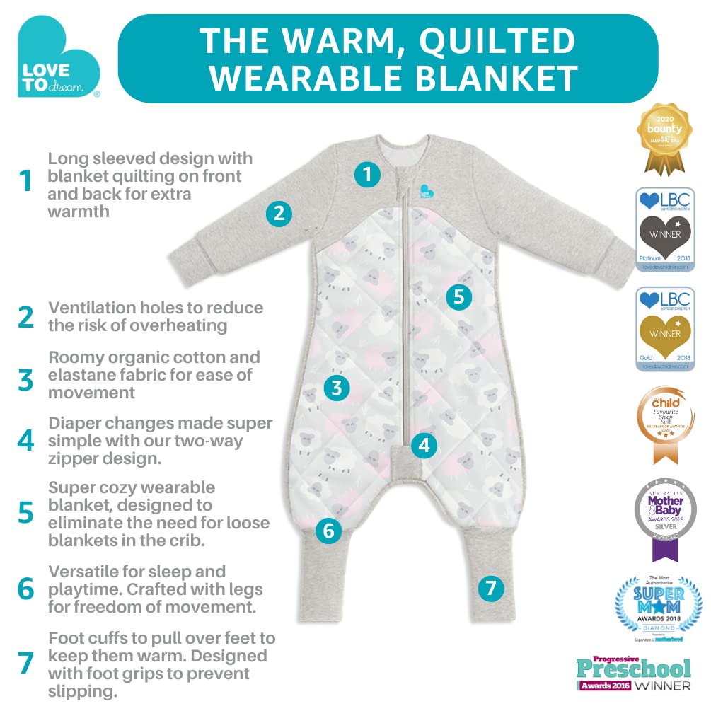 Love to Dream Organic Merino Wool Warm Toddler Sleep Suit (24-36 Mo), Super Soft Temp Regulating Sleeping Sack, 2.5TOG Warm Wearable Blanket, Gray