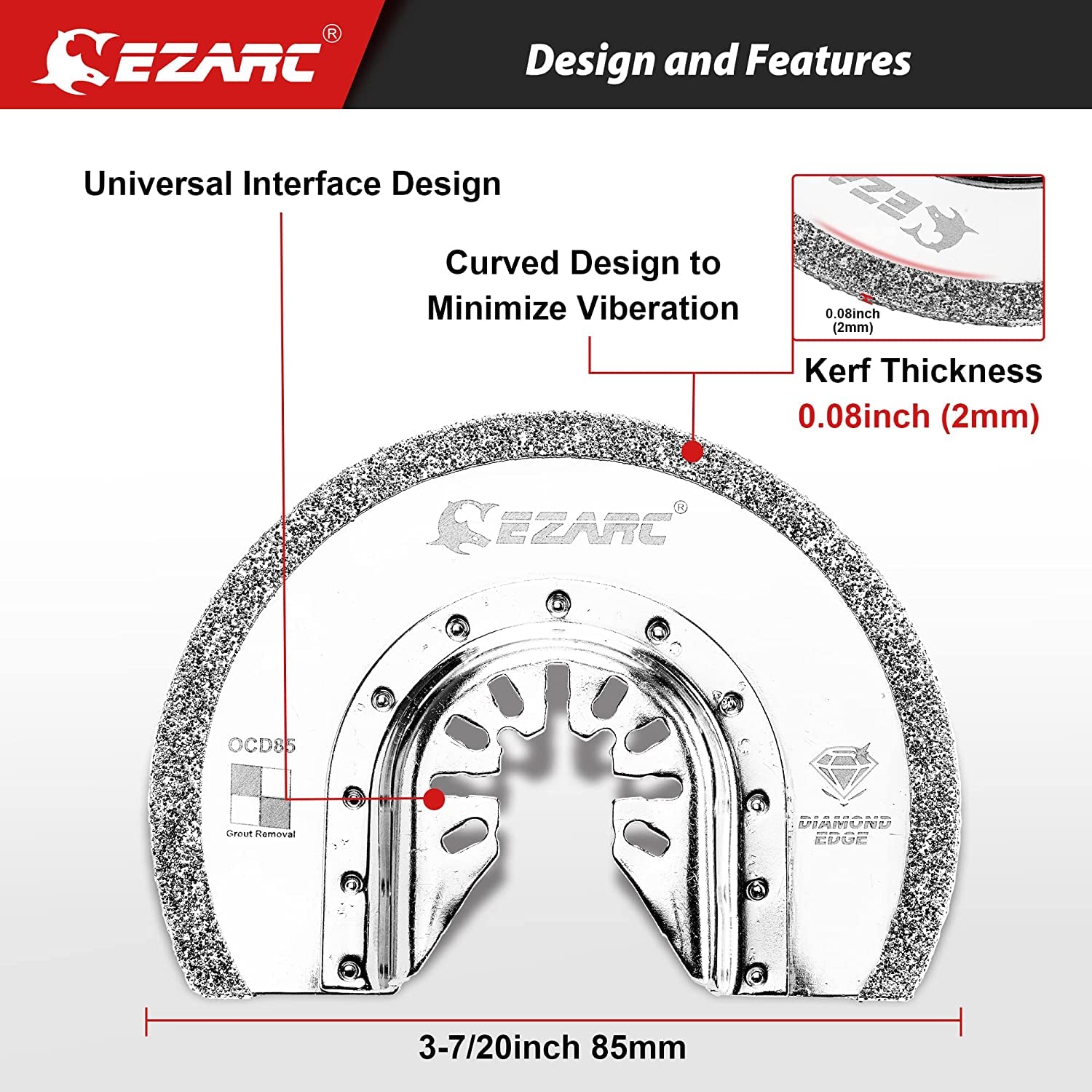EZARC Grout Removal Blade for Oscillating Tool, Semi Circle Multitool Diamond Oscillating Blade for Removing Tile Mortar, Universal Quick Release Multi Tool Saw Blades, 1 Pack