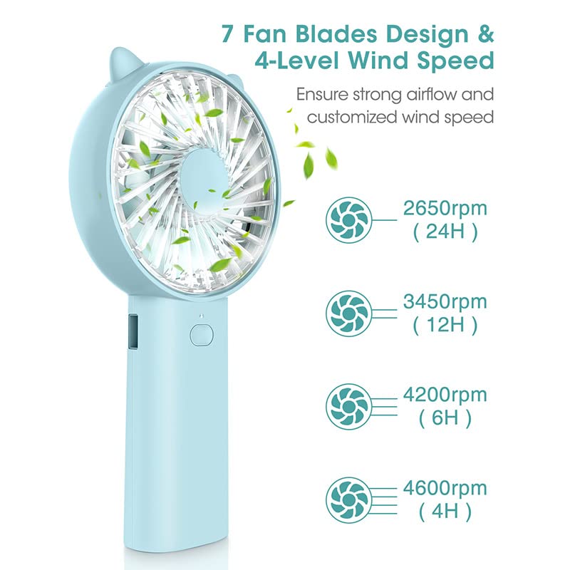 Mini Handheld Fan, USB Desk Fan Small Personal Portable Fan 4 Speed Adjustable Personal Fan for Outdoor travel Home and Office(Blue)