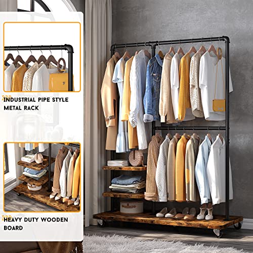 Raybee Clothes Rack Heavy Duty Clothing Rack, 400LBS Rolling Garment Rack with Shelves, Industrial Clothing Rack with Shelves, Portable Adjustable Clothes Rack for Hanging Clothes, Rustic Brown