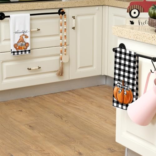 GEEORY Fall Kitchen Dish Towels Set of 2 for Fall Decor,Thankful Gnomes Orange Printed Pumpkin 18x26 Inch Drying Dishcloth,Farmhouse Home Decoration GD103