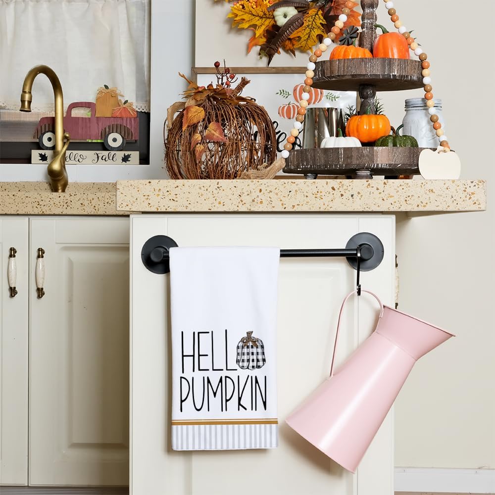 GEEORY Fall Kitchen Dish Towels Set of 2 for Fall Decor,Hello Pumpkin Beige Plaid Bowknot Orange Printed Pumpkin 18x26 Inch Drying Dishcloth,Farmhouse Home Decoration GD107