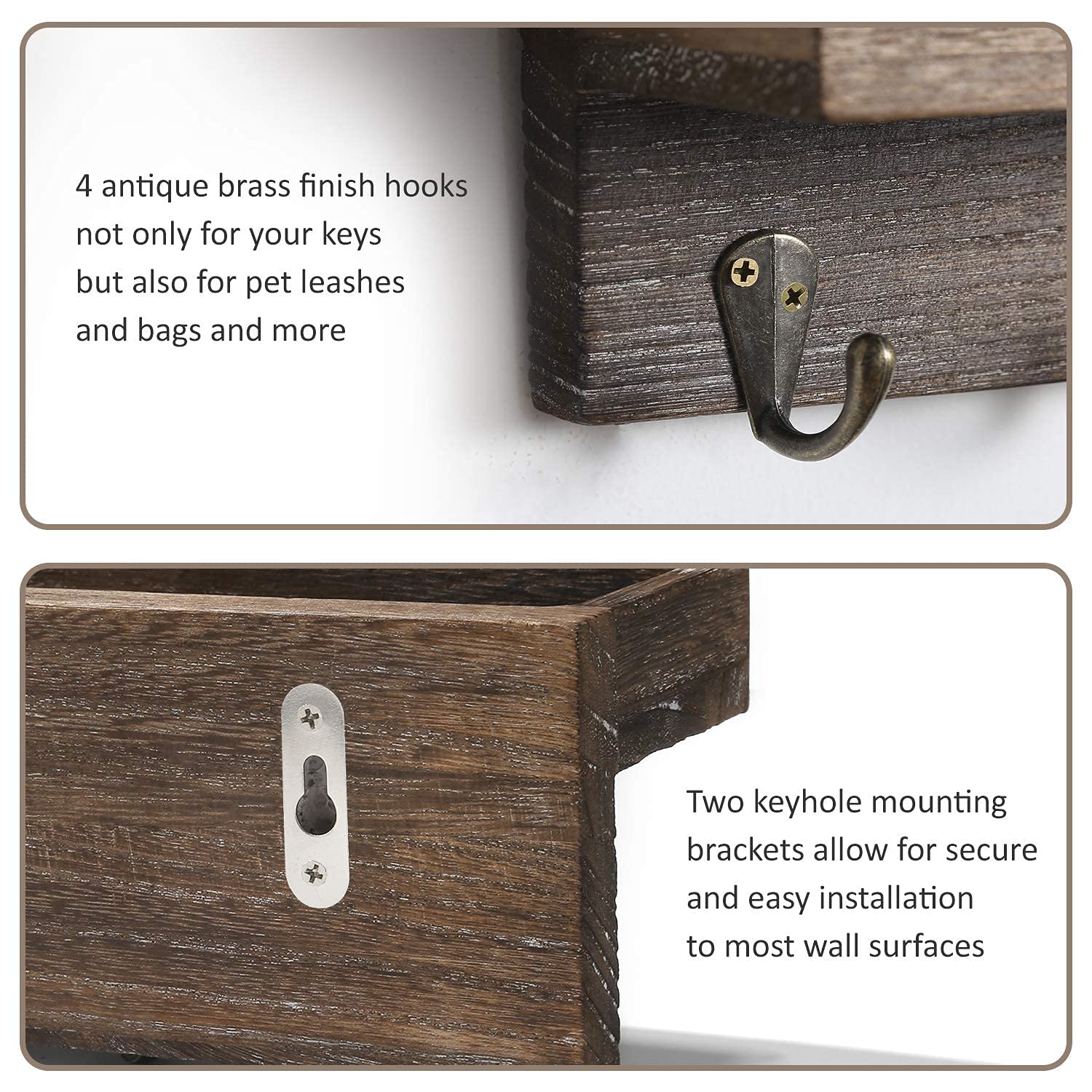 DOCMON Wall Mounted Rustic Wood Shelf, 1 Shelf Key Holder Organizer with 4 Metal Hooks, Farmhouse Style Mail Organizer for Entryway, Hallway, Bedroom, Office