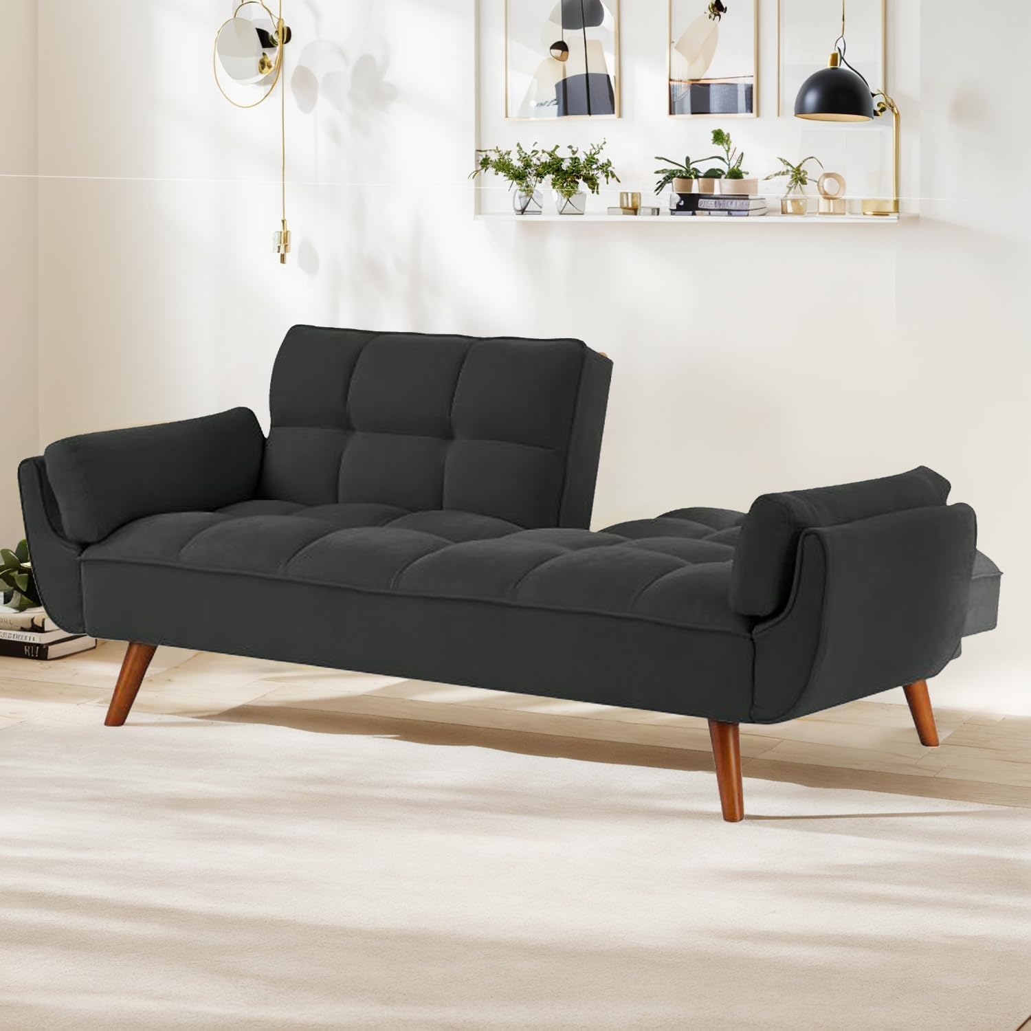 Relyblo Futon Sofa Bed, 76 inch Convertible Sectional Fabric Sleeper Couch, Splitback Loveseat with Tapered Legs, Modern Lounge for Living Room, Study, Bedroom, Apartment, Office,Yellow