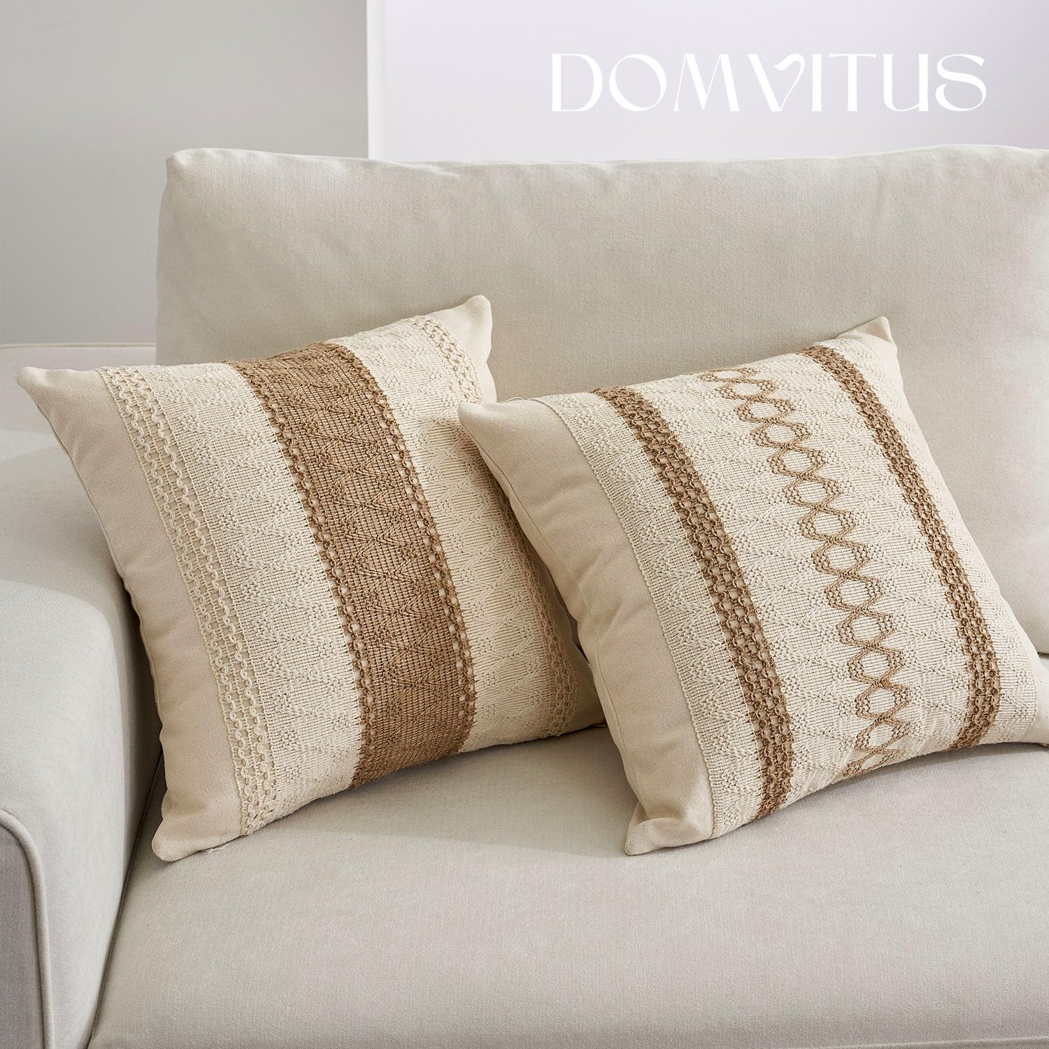DOMVITUS Boho Pillow Covers 18x18, Throw Pillow Covers for Farmhouse Accent Decorative Throw Pillows, Neutral Pillow Covers for living room bedroom couch, One Stripe, 1PC