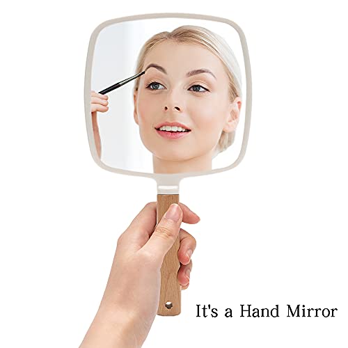 YEAKE Hand Held Mirror with Handle for Makeup,Small Cute Wood Hand Mirror for Shaving with Hole Hanging Single-Sided Portable Travel Vanity Mirror for Men&Women(Square)