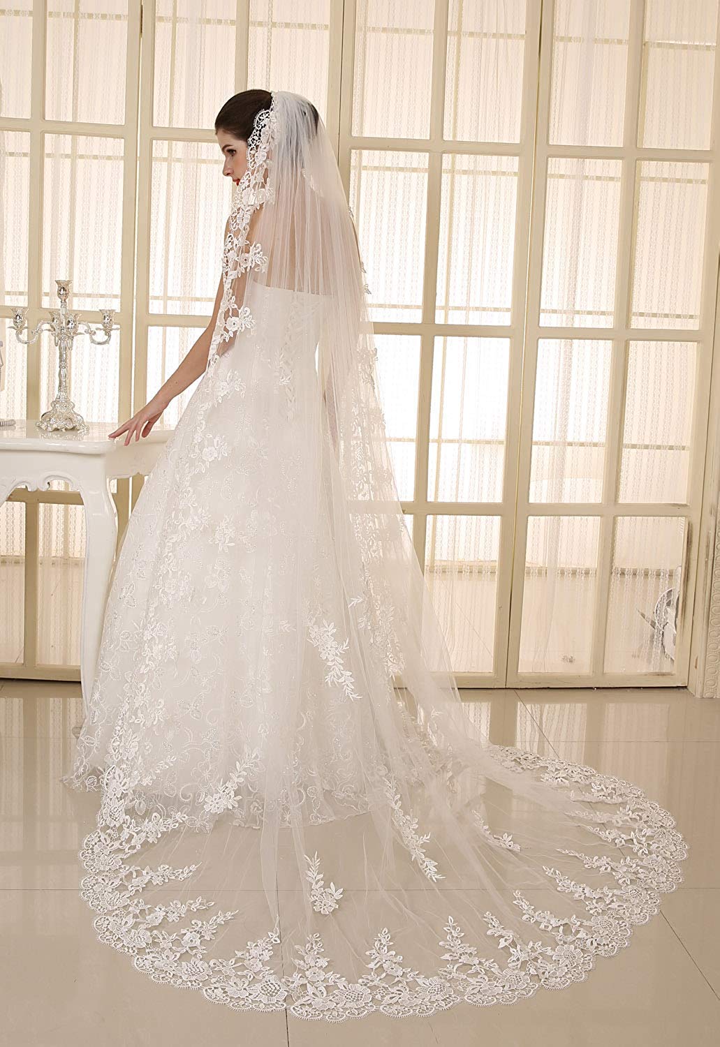EllieHouse Women's Wedding Veils 1 Tier White Ivory 3M/4M/5M Lace Long Train Bridal Veil With Comb Ivory 3M
