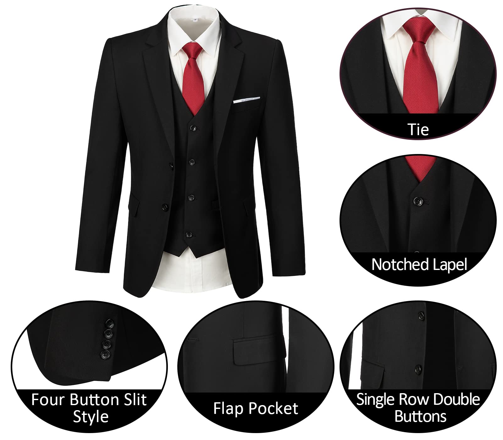 DOISPON Mens Suits 3-Piece Suit Shawl Lapel Two Button Tux Slim Fit Formal Wedding Prom Suits Jacket Vest Pants Black XX-Large