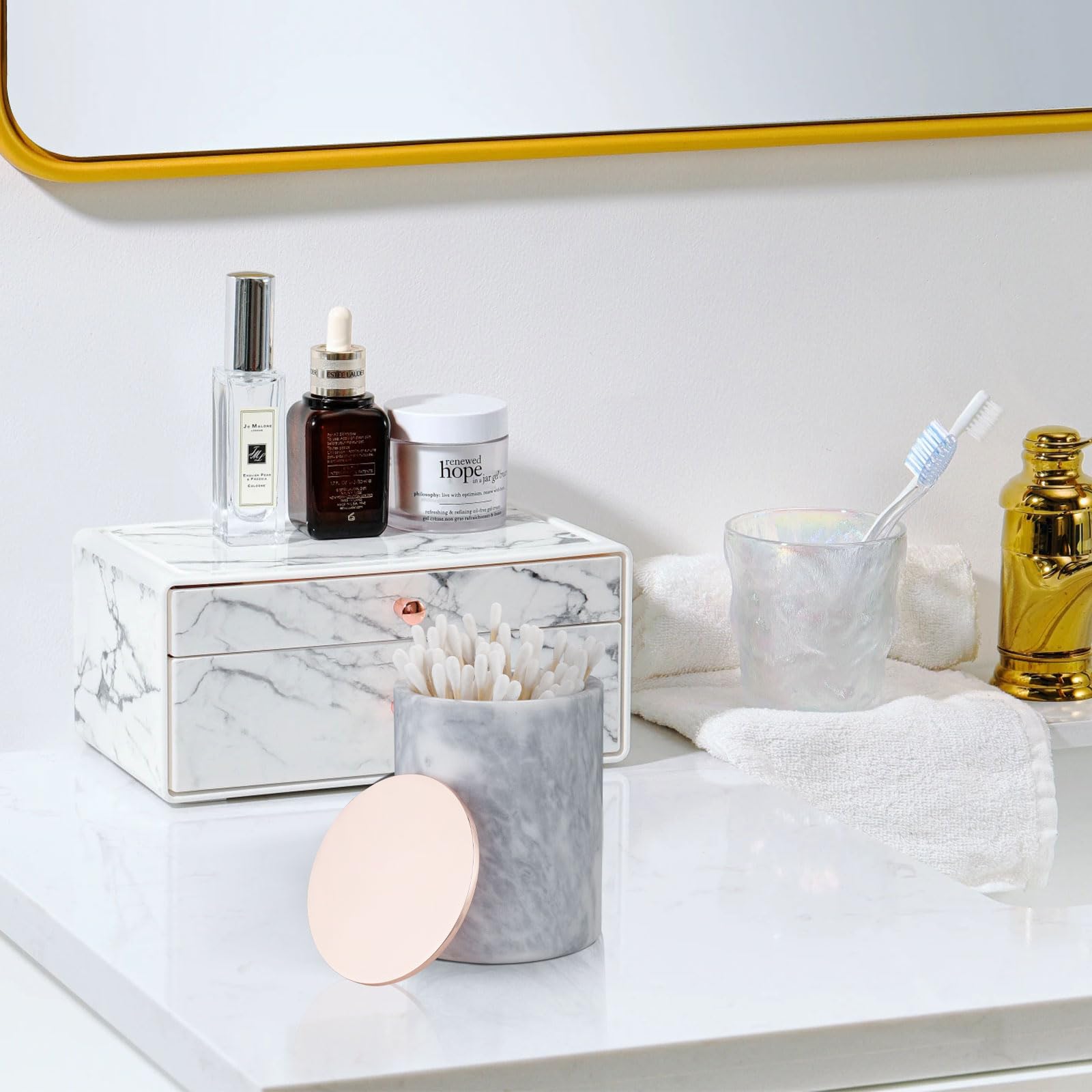 MARBBNEST Marble Storage Container with Metal Lid, Functional Organizer for Makeup Brushes, Cotton Swabs, and Accessories - Elegant Countertop Solution (White)