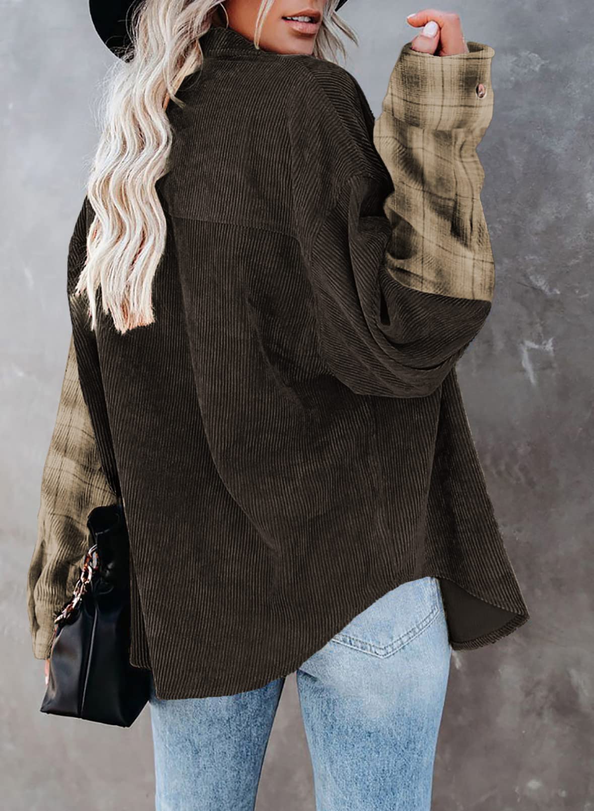 Dokotoo Shirts for Women Color Block Plaid Patchwork Long Sleeve Turn Down Collar Shacket Fall Boyfriend Style Contrast Button Down Shirts Tops with Bust Pocket Blue L
