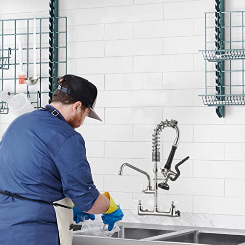 JZBRAIN Commercial Faucet with Sprayer 21" Height Wall Mount Kitchen Sink Faucet Add On Faucet 8" Swing Spout Pre-Rinse Sprayer 8 inch Center for 1 or 2 Compartment Sink