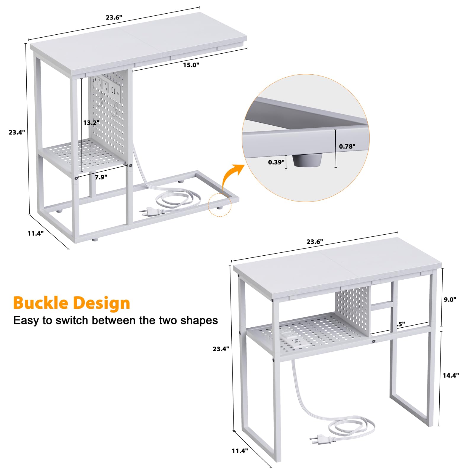 Furologee White C Shaped End Table with Charging Station, Side Table for Couch, Sofa Table with Storage Shelf, Reversible C Table/Small Coffee Table for Living Room, Metal Nightstand for Bedroom