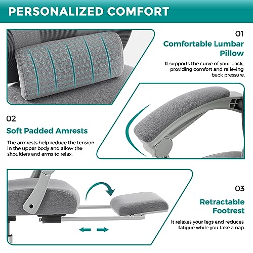 OLIXIS Gaming Ergonomic Foot Rest Reclining, High Back Mesh Home Office Computer Desk Chair with Wheels, Adjustable Headrest, Grey