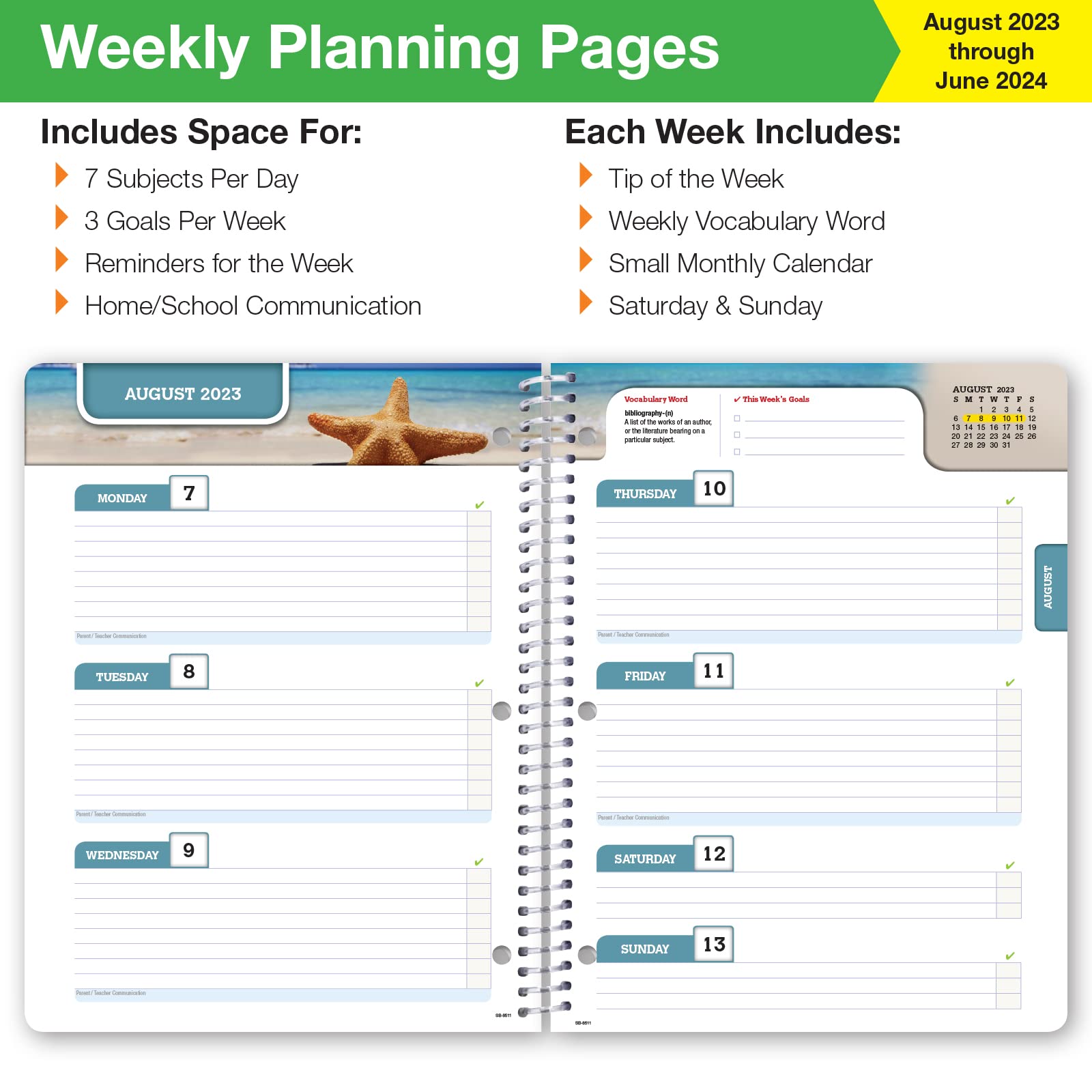 Global Datebooks Dated Middle School or High School Student Planner for Academic Year 2023-2024 Includes Ruler/Bookmark and Planning Stickers (Block Style - 5.5"x8.5" - Deep Blue Marble)