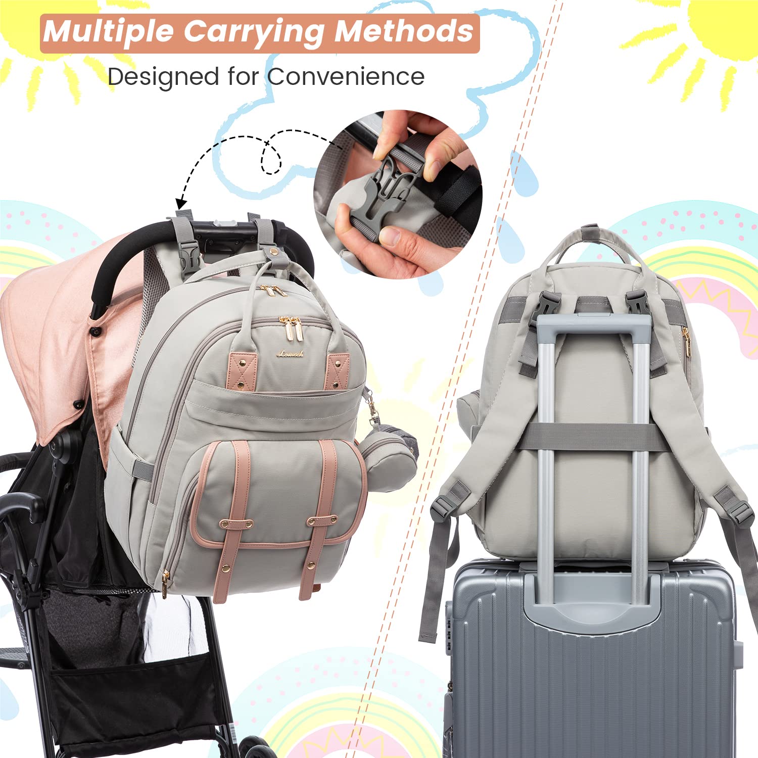 LOVEVOOK Diaper Bag Backpack, Multifunction Baby Bags for Girls, Large Travel Flap Diaper Backpack Nappy Bag with Pacifier Case & Stroller Straps, Diaper Bag with Changing Pad for Baby, Grey Pink